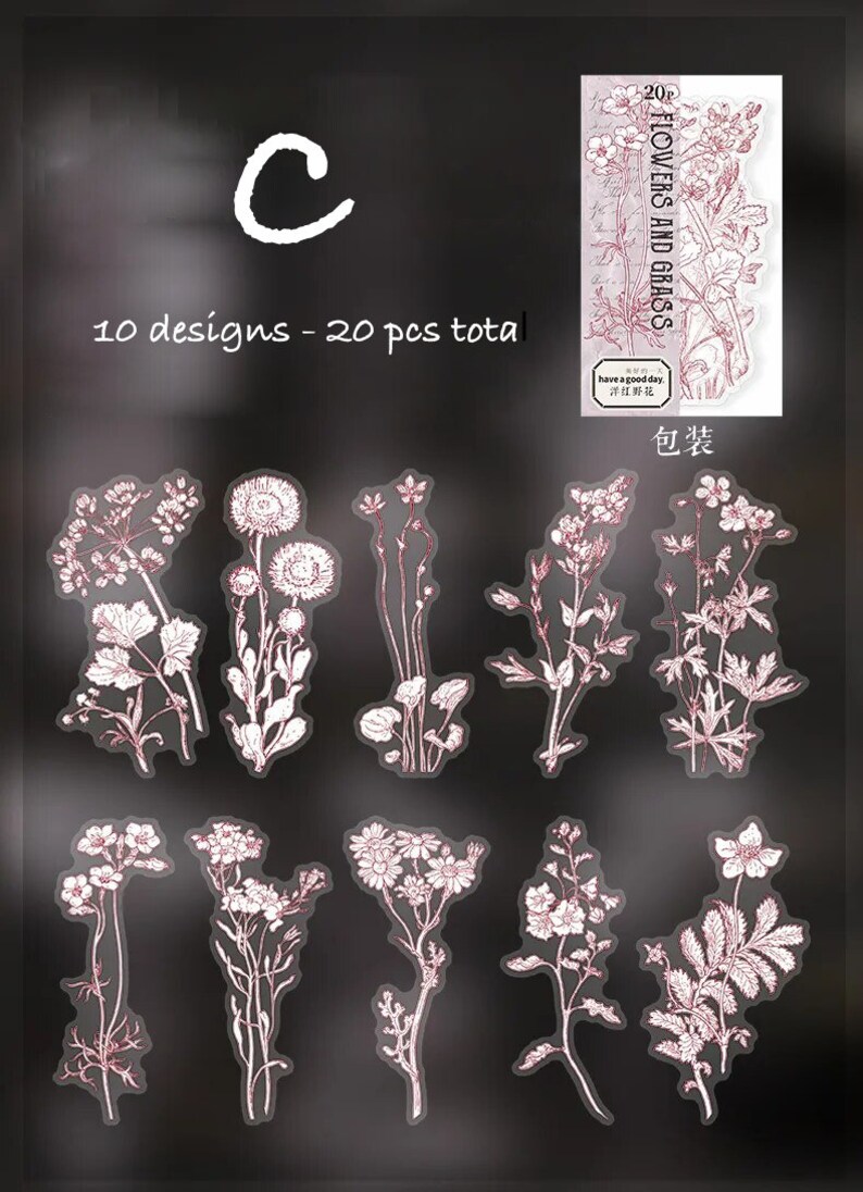 PET Sticker Floral Set, Shabby Chic Botanical, White Drawings, Junk ...