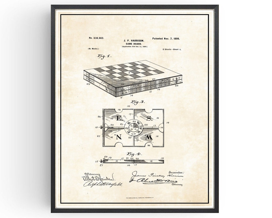 Chessboard Patent Blueprint Checkers Board Game Design Wall Art Office ...