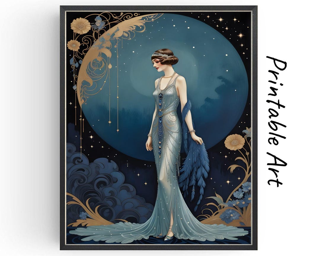 Flapper Girl Moon & Stars Art Deco Print: 1920s Style (digital Download ...