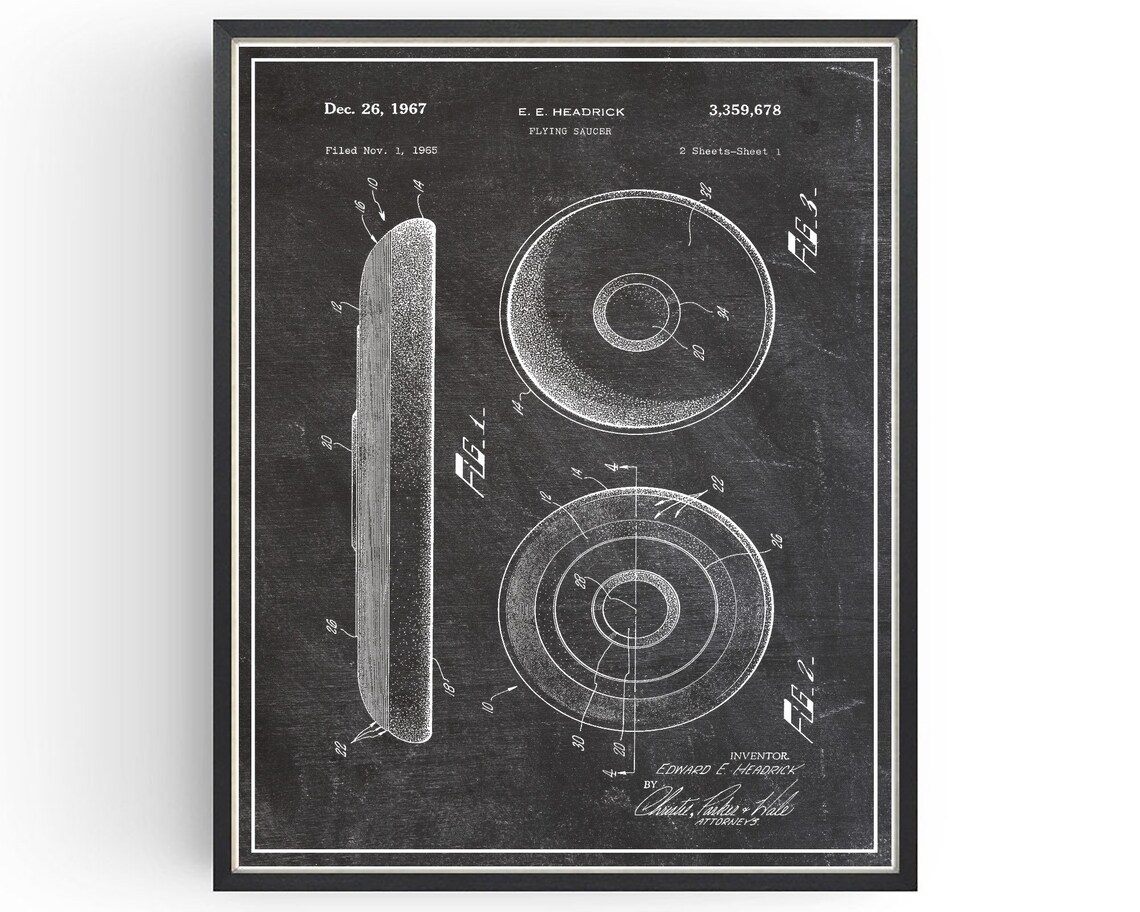 Frisbee Patent Blueprint Flying Saucer Design Bedroom Wall Art Office ...