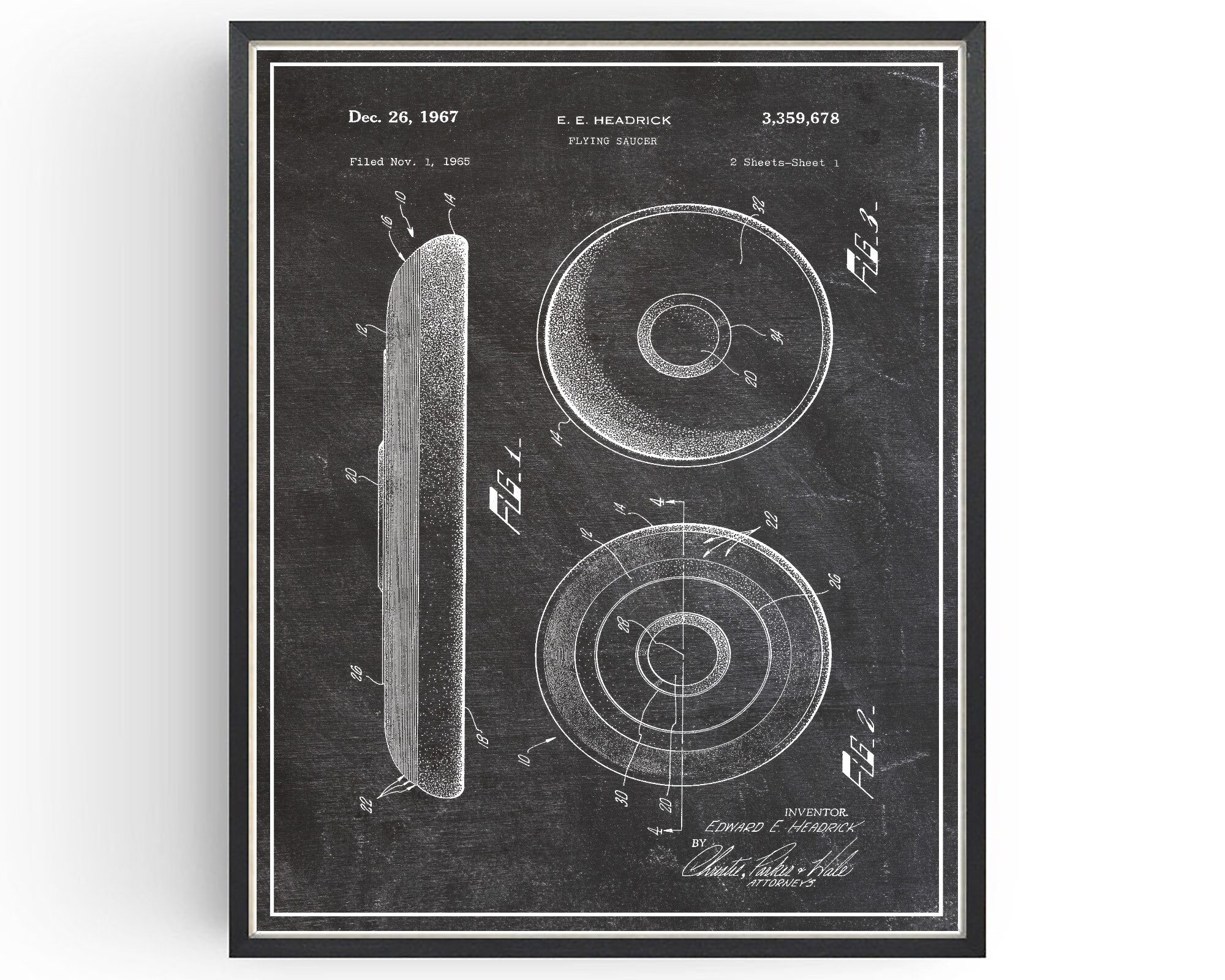 Frisbee Patent Blueprint Flying Saucer Design Bedroom Wall Art Office ...
