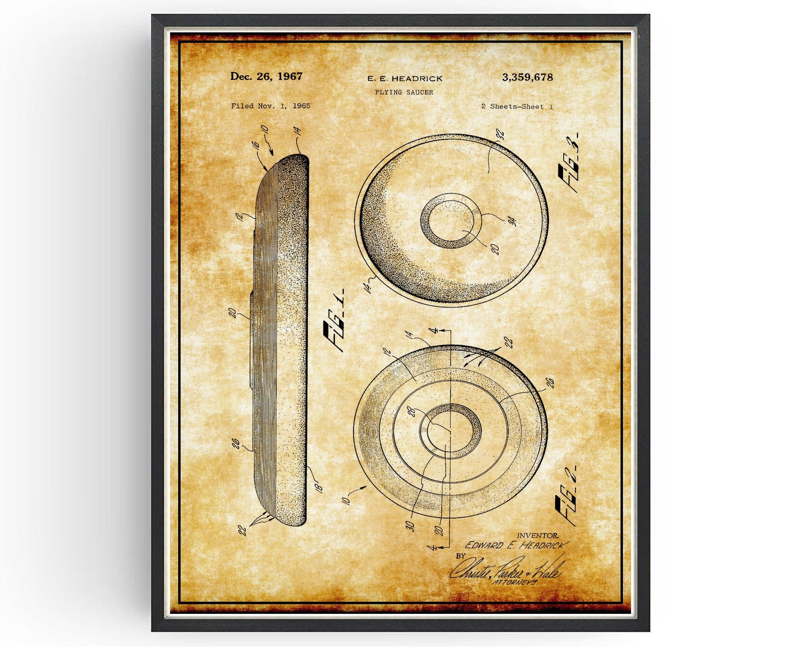 Frisbee Patent Blueprint Flying Saucer Design Bedroom Wall Art Office ...