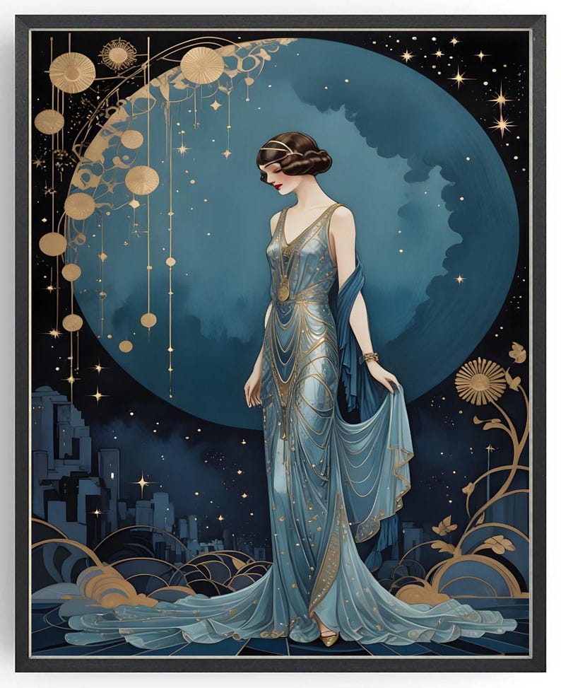Flapper Girl Art Deco Print: 1920s Moon & Stars Poster - Etsy