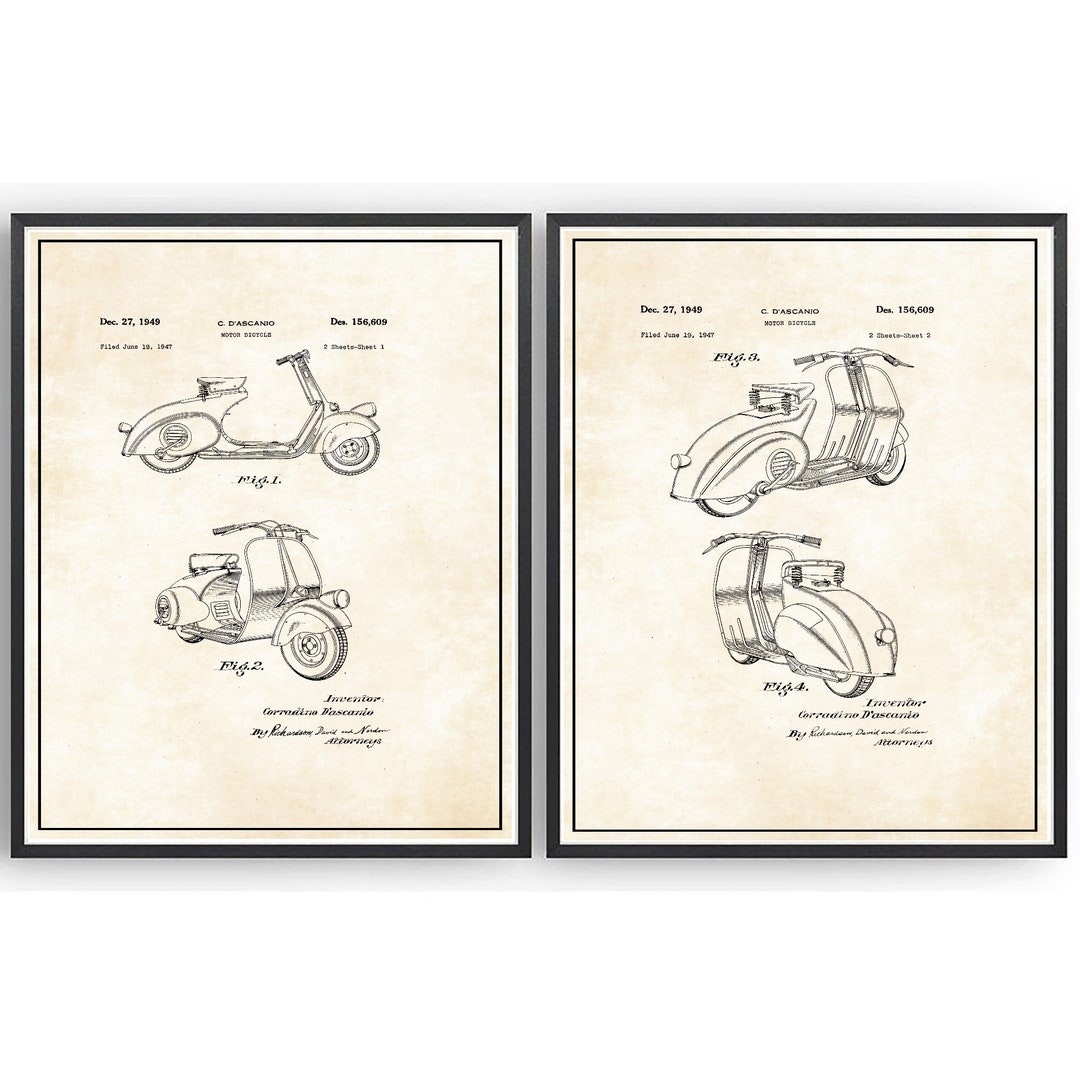Vespa Scooter Patent Blueprint Piaggio Design Wall Art Print Office ...