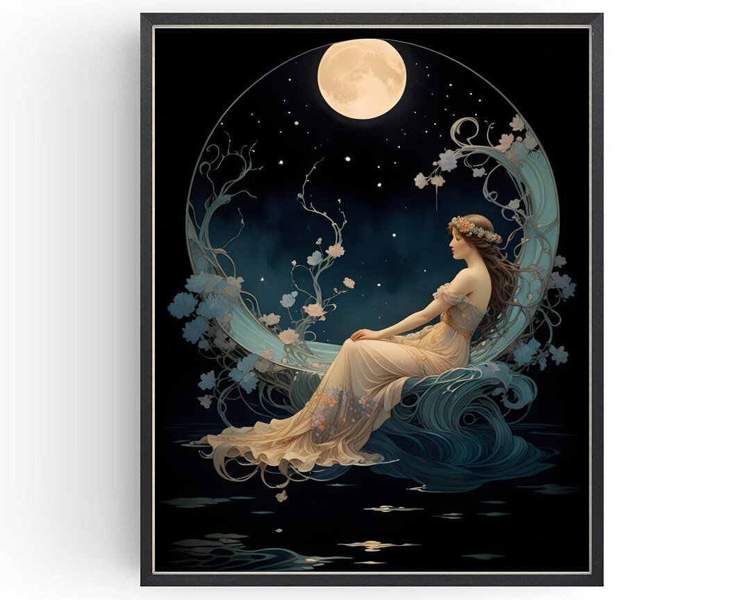 Art Nouveau Moonlit Bathing Lady Poster: Celestial Wall Art - Etsy