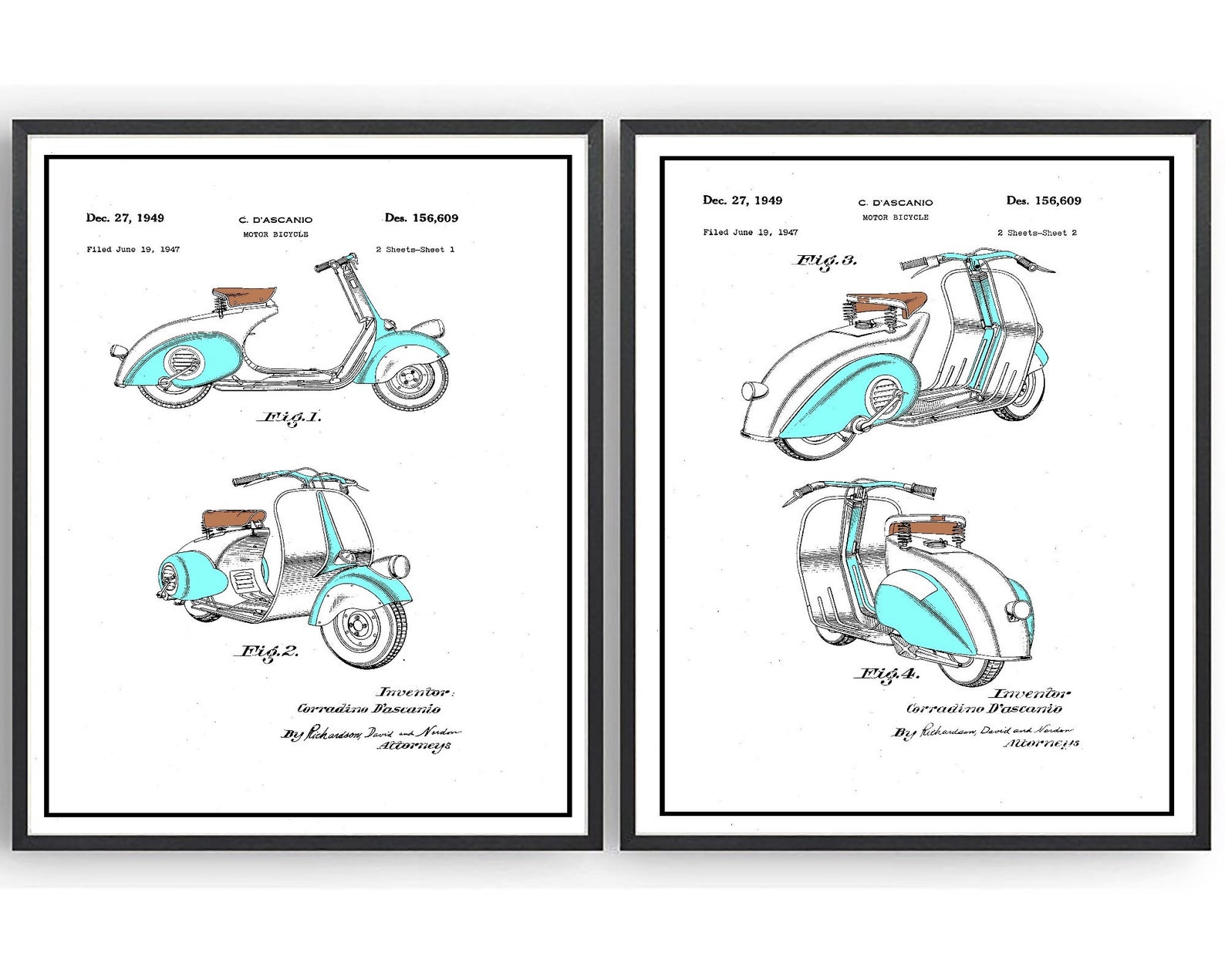 Vespa Scooter Patent Blueprint Piaggio Design Wall Art Print Office ...