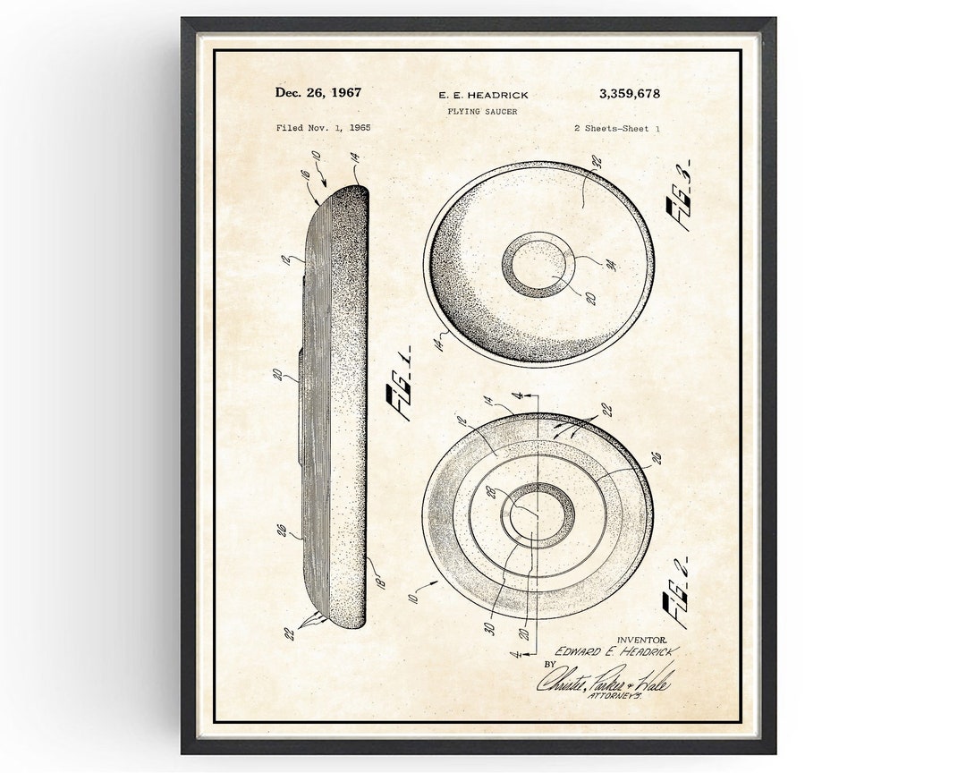 Frisbee Patent Blueprint Flying Saucer Design Bedroom Wall Art Office ...