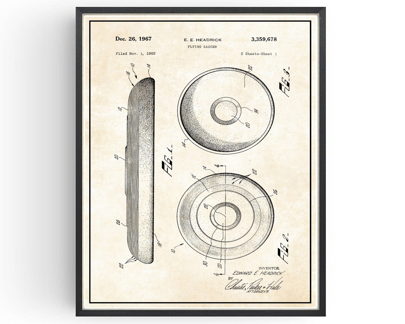 Frisbee Patent Blueprint Flying Saucer Design Bedroom Wall Art Office ...