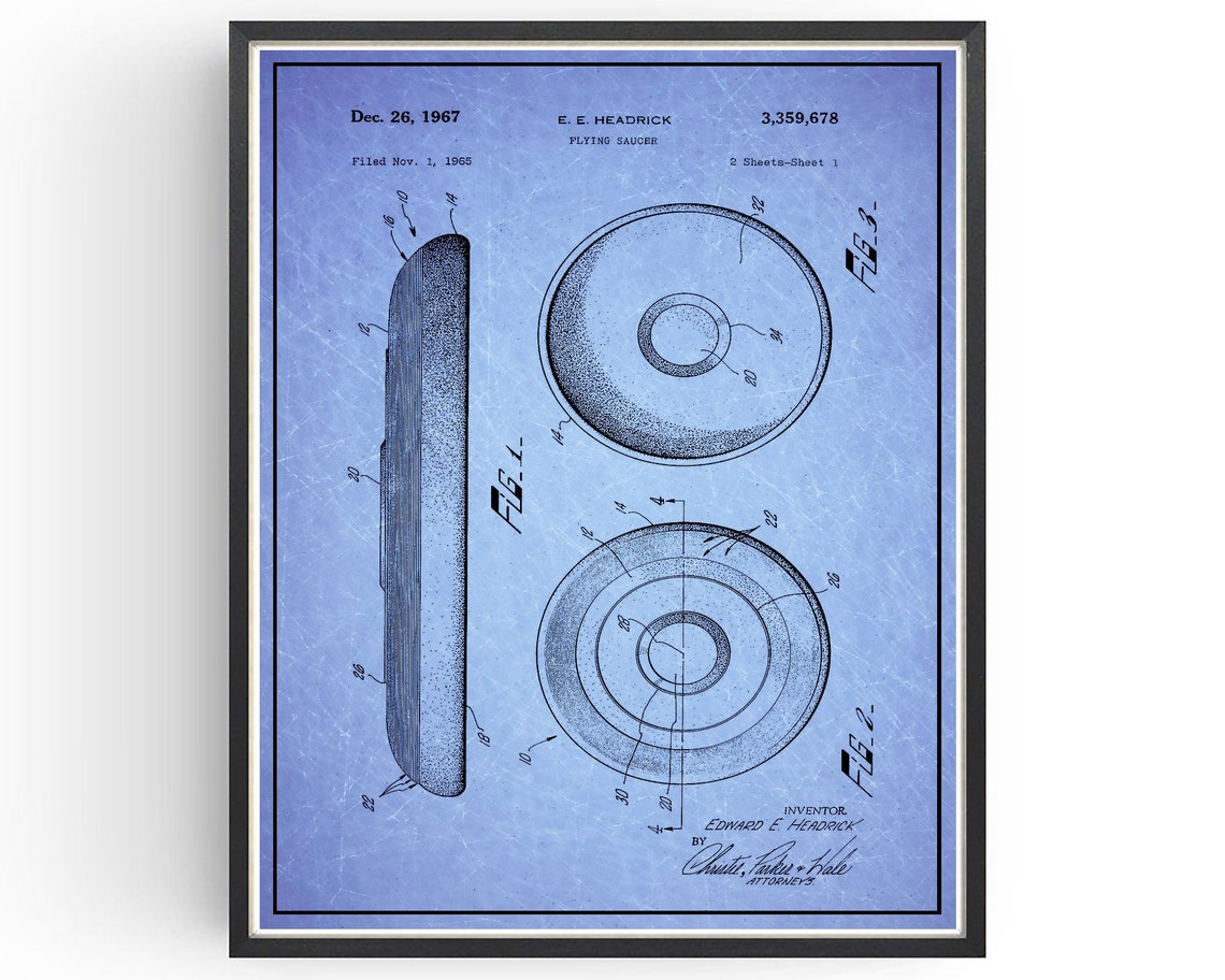 Frisbee Patent Blueprint Flying Saucer Design Bedroom Wall Art Office ...