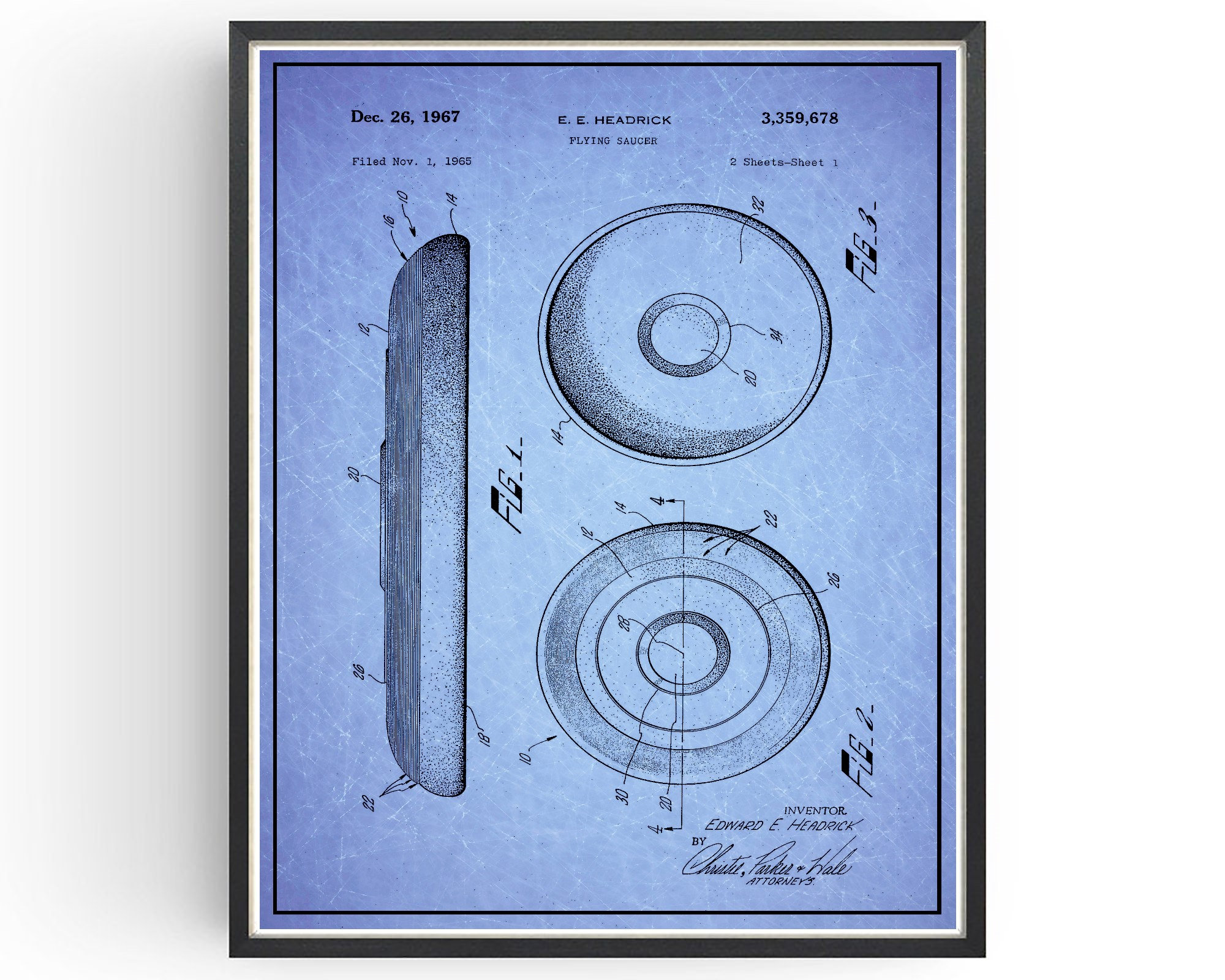 Frisbee Patent Blueprint Flying Saucer Design Bedroom Wall Art Office ...