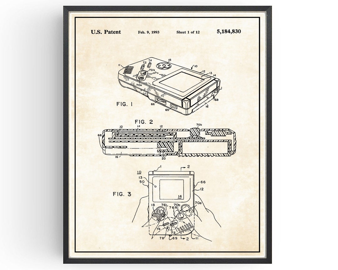 Nintendo Gameboy Patent Blueprint Console Game Design Bedroom Wall Art ...