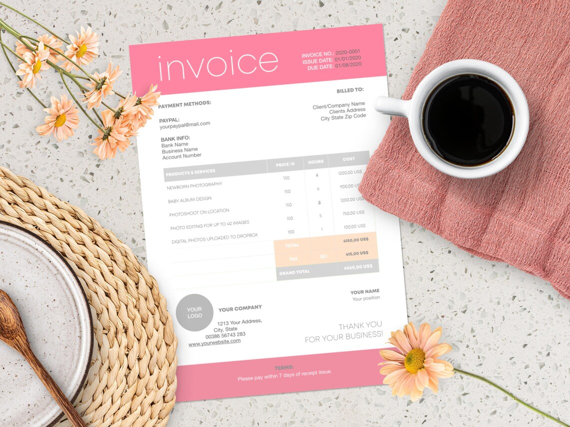 Pink Invoice Template Peach JUST PEACHY Fully Editable PDF Invoice ...