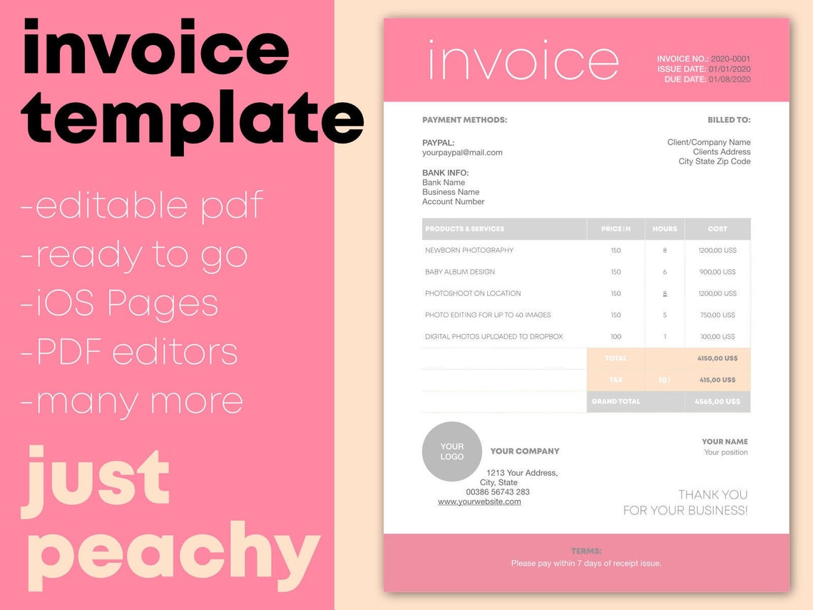 Pink Invoice Template Peach JUST PEACHY Fully Editable PDF Invoice ...