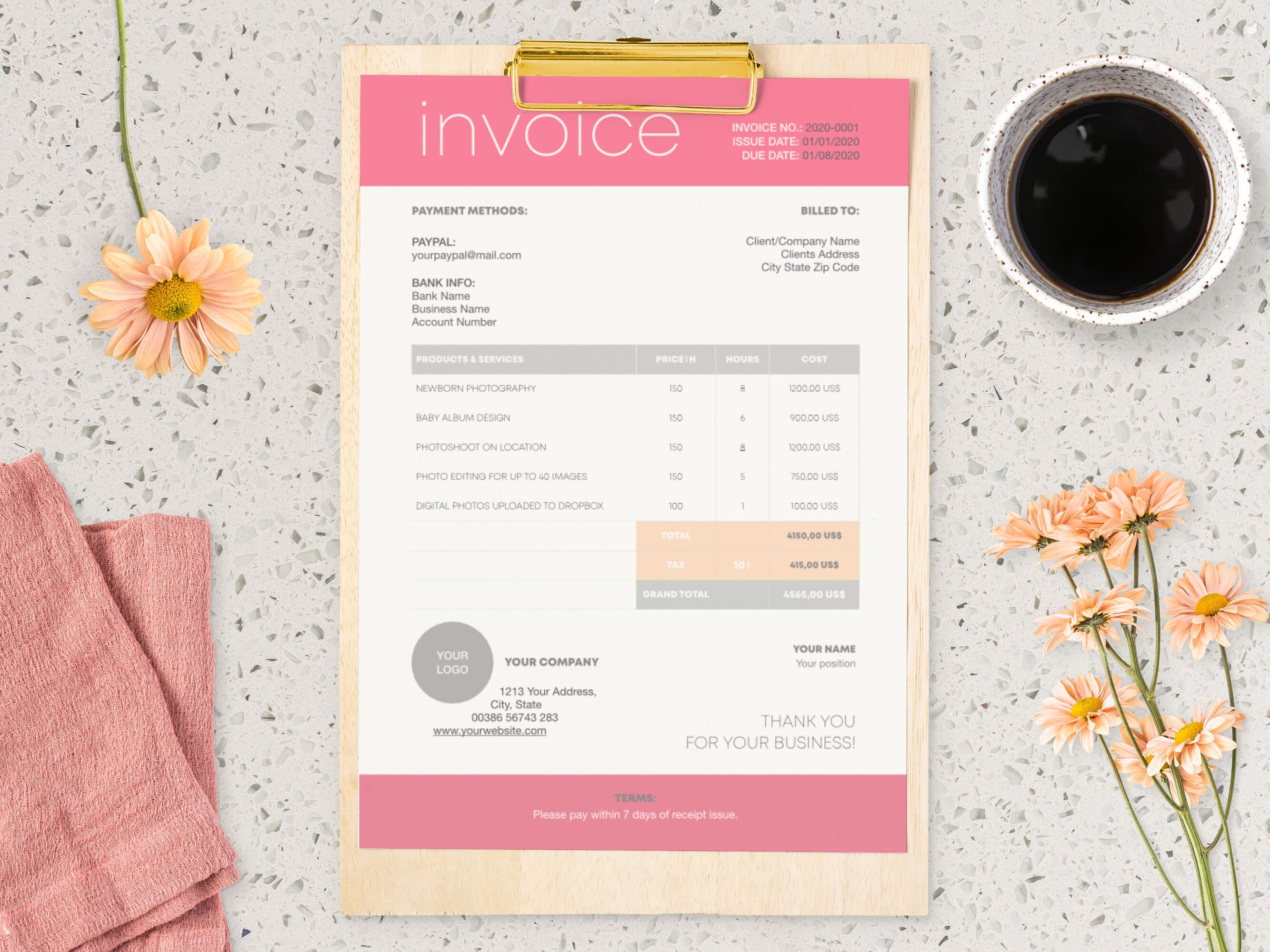 Pink Peach Invoice Template, Editable PDF - Etsy