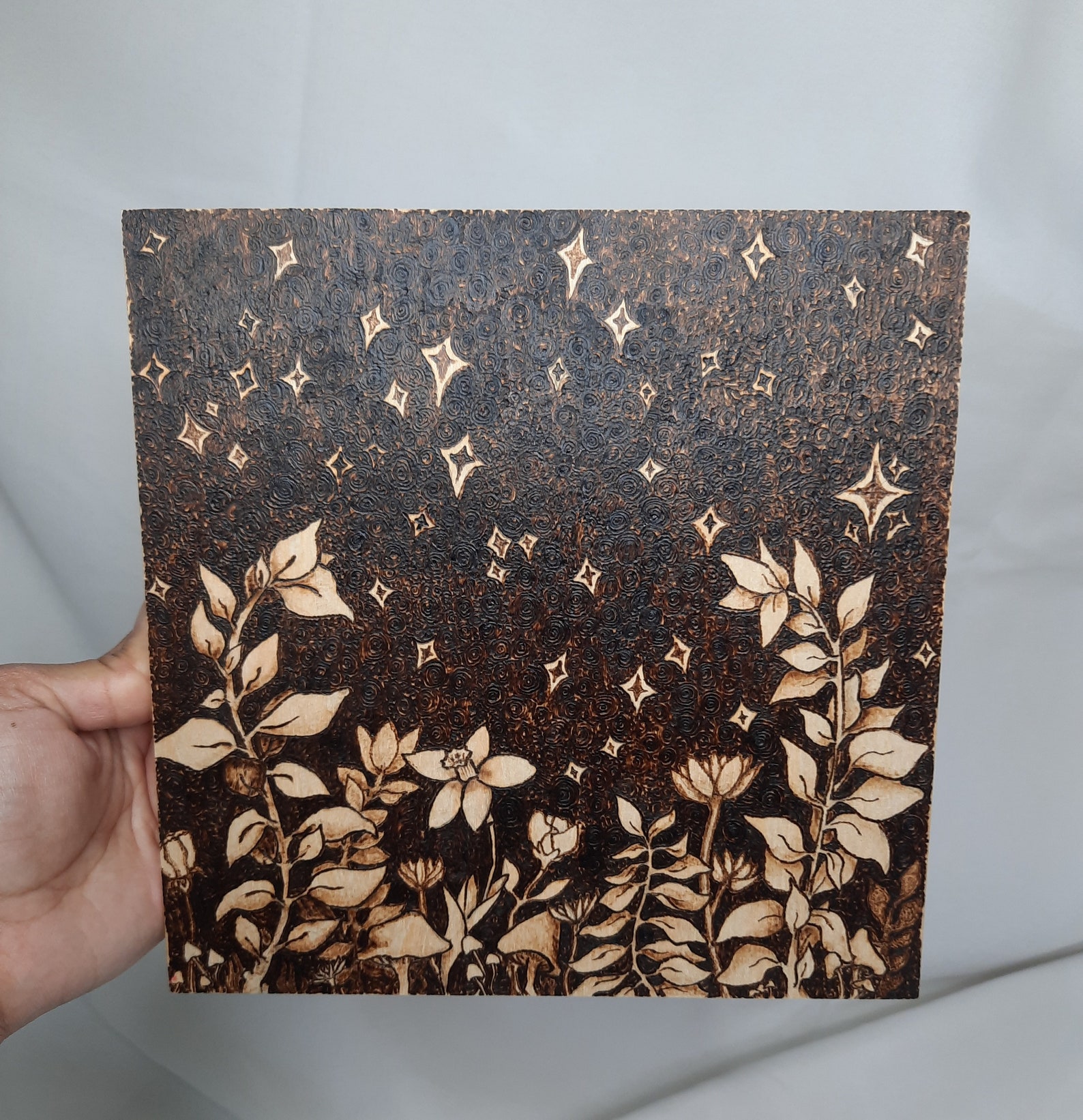 Wood Burned by Hand Night Sky and Garden Flowers Plant Wall Art| Wood ...