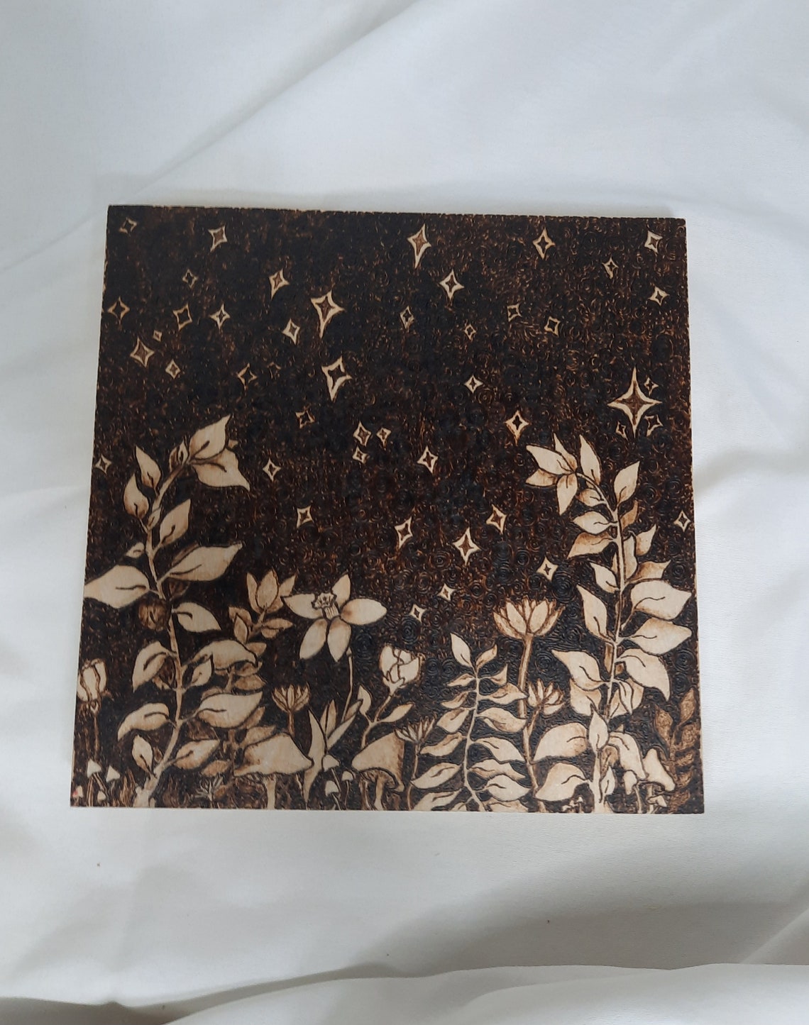Wood Burned by Hand Night Sky and Garden Flowers Plant Wall Art| Wood ...