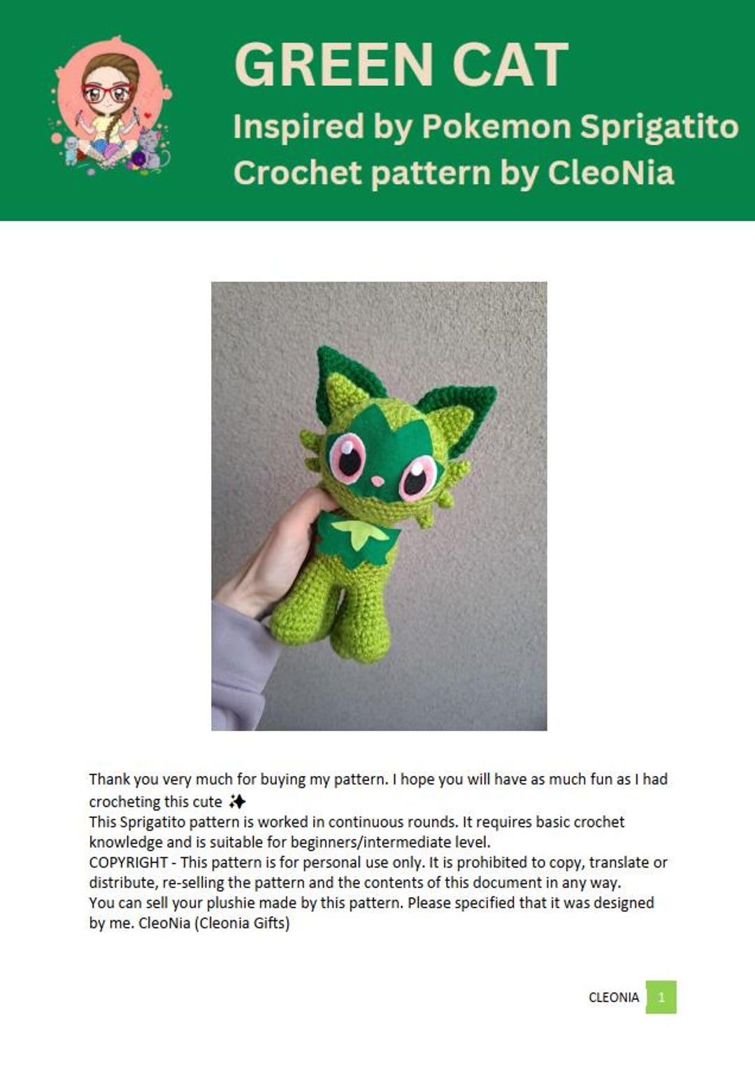 Crochet Pattern Green Cat Inspired by Pokemon Sprigatito - Etsy
