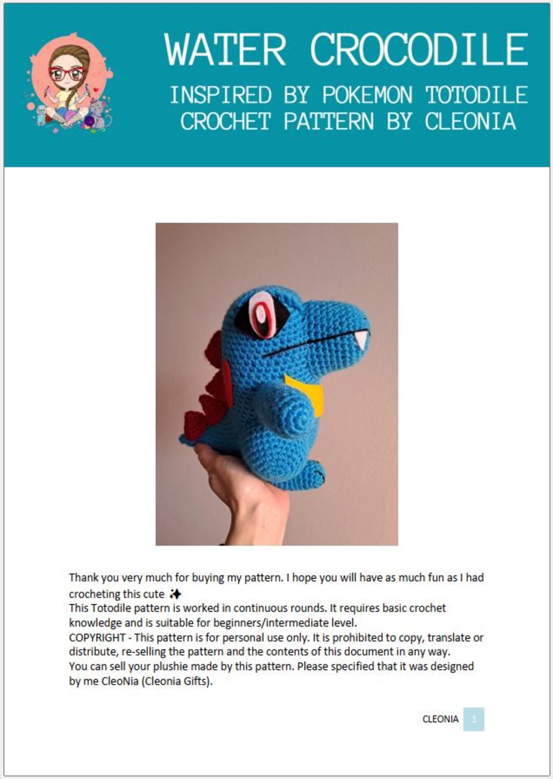 Crochet Pattern Water Crocodile Inspired by Pokemon Totodile - Etsy