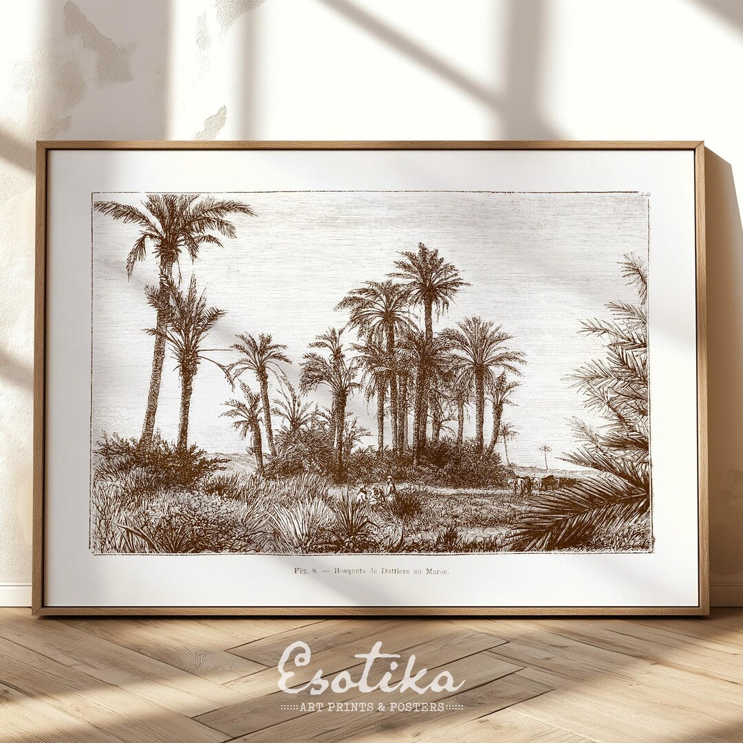 Vintage Palm Tree Landscape Drawing / Monochrome Print / Brown Art ...