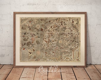 1630 Flat Old World Map Art Print Poster Travel Poster Ship Sailing Retro Panoramic View Home ...