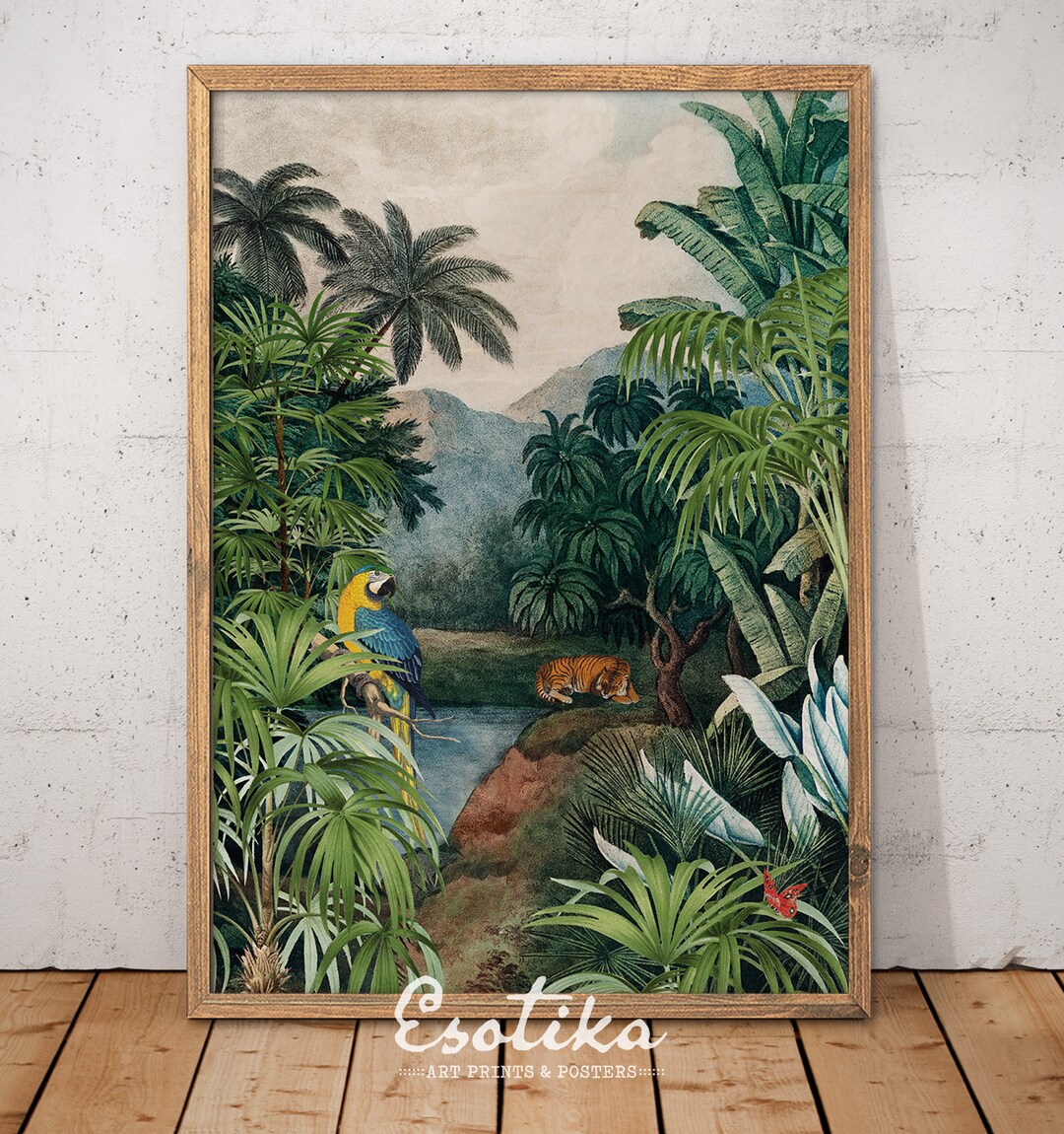 Vintage Jungle Print / Tropical Forest Landscape / Greenery Wall Art ...