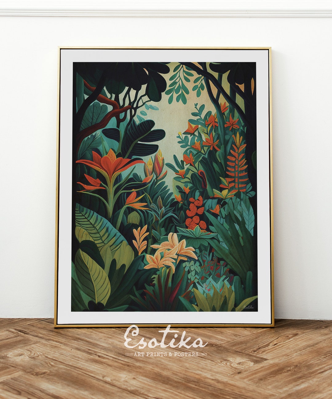 Henri Rousseau Style Poster / Tropical Flowers Wall Art / Green Jungle ...