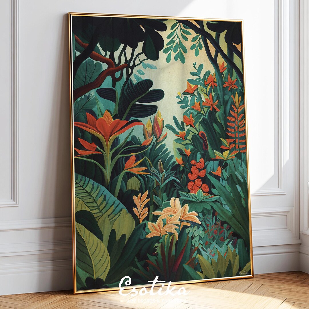 Henri Rousseau Style Print / Green Jungle Print / Tropical Flowers Wall ...