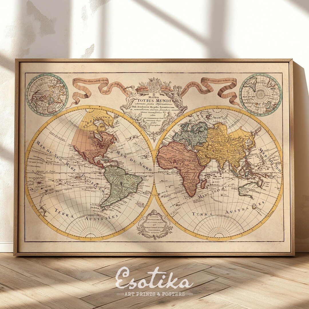 Large World Map Wall Art / Vintage Historic Map Print / Nautical ...