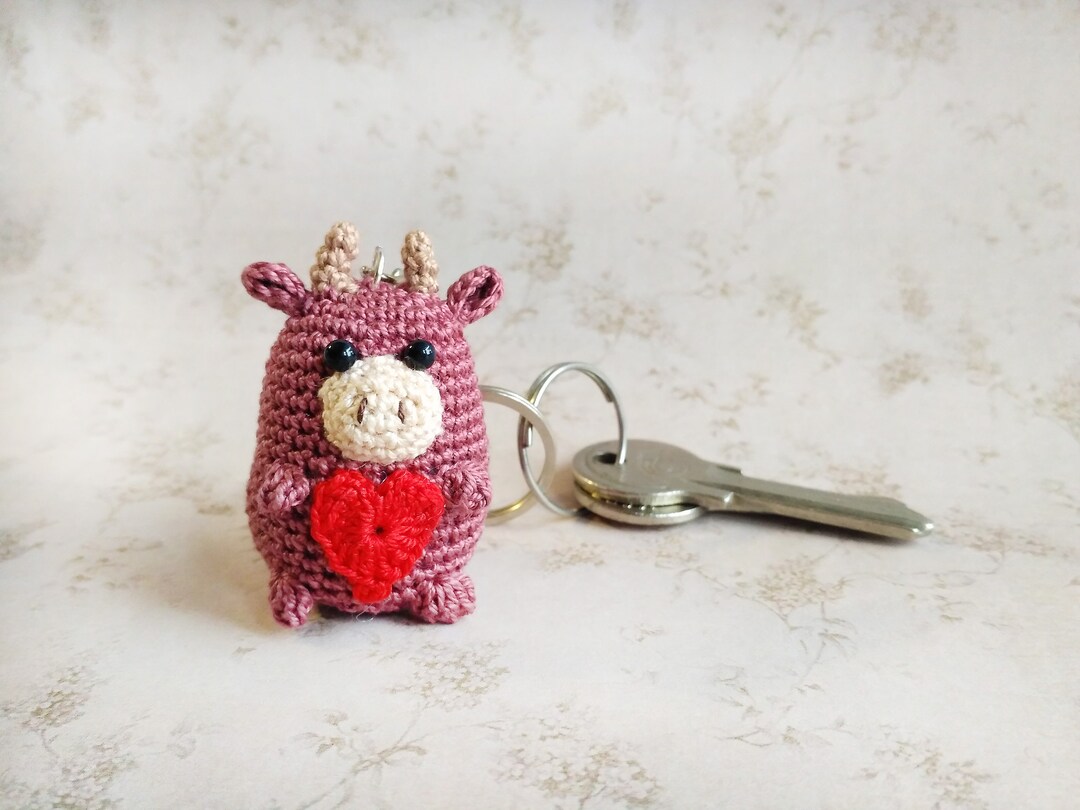 Cute Bull With Tiny Heart Crochet Keychains Ox Amigurumi Small Gift Car ...