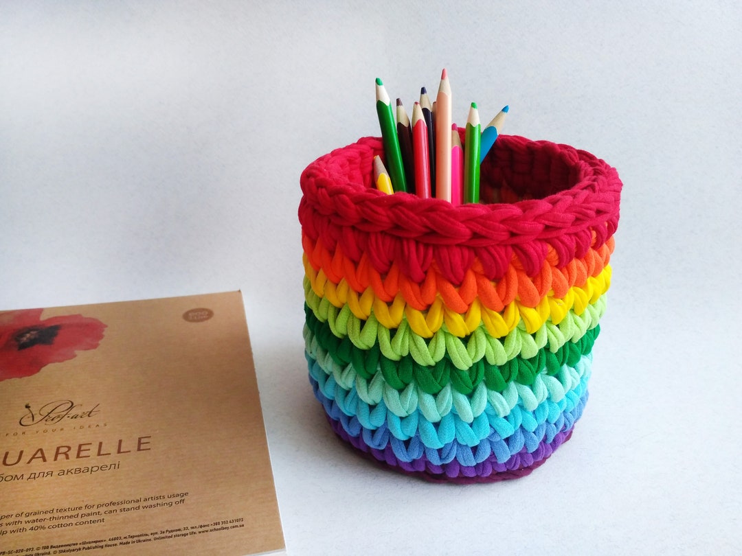 Crochet Desktop Organizer Rainbow, Crochet Basket for Storing Pencils ...