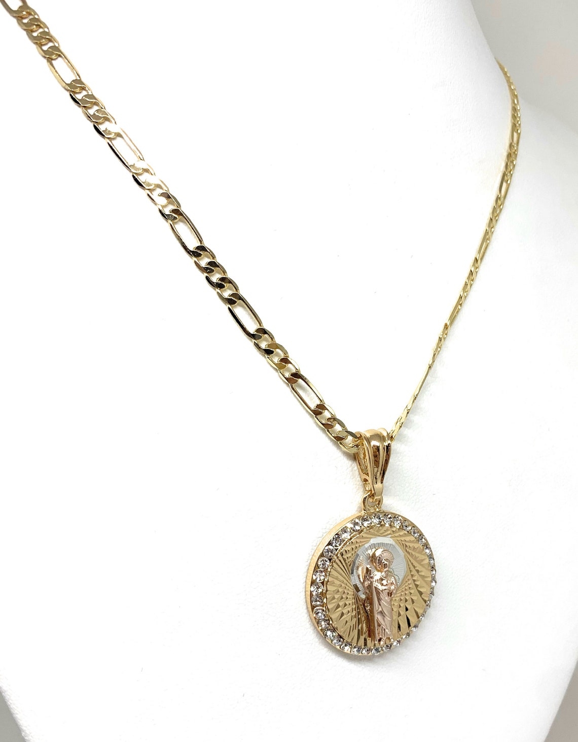 Gold Plated Saint Jude Pendant CZ Necklace Figaro 24" San Judas Tadeo ...