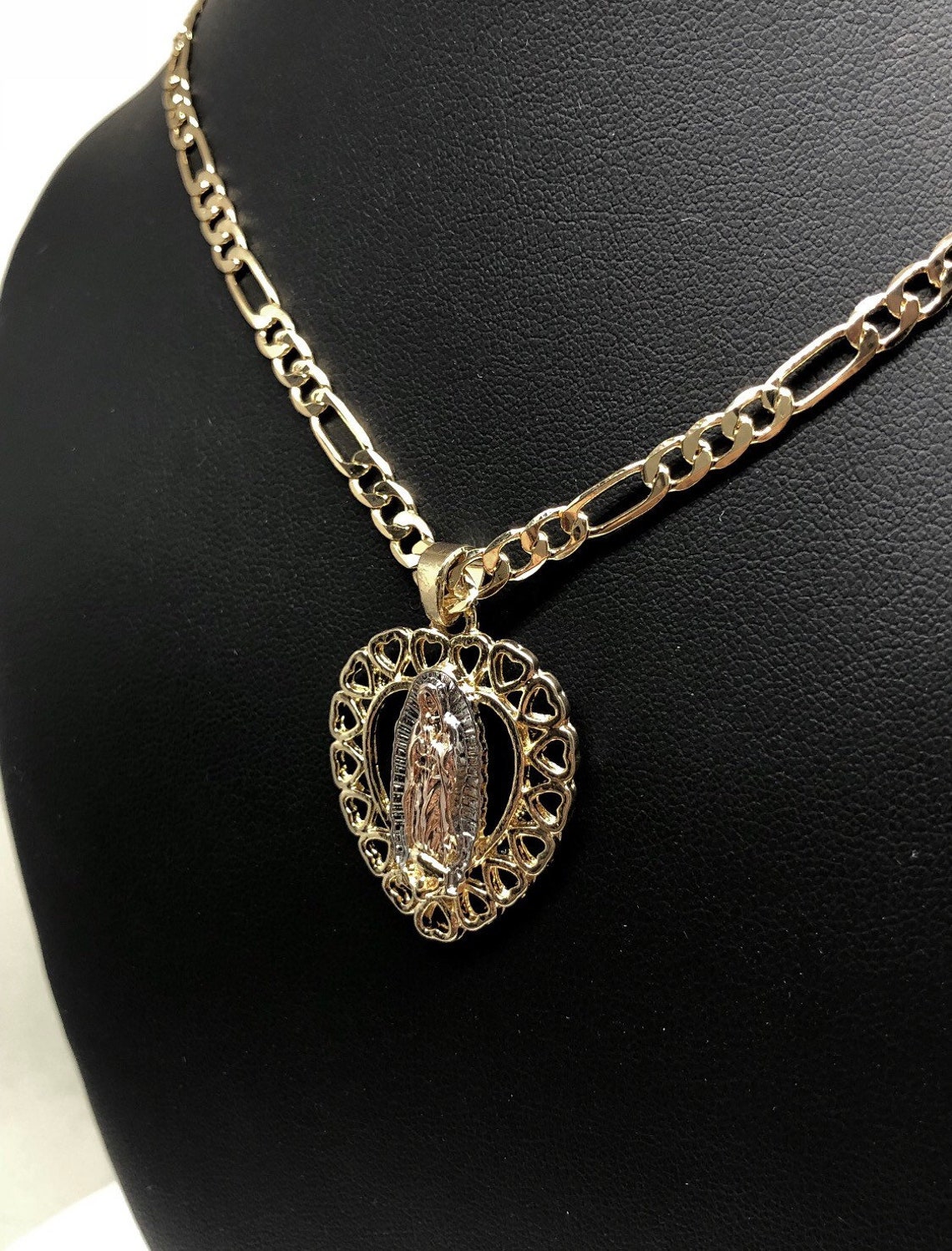 Gold Plated Tri-color Virgin Mary Heart Pendant Necklace | Etsy