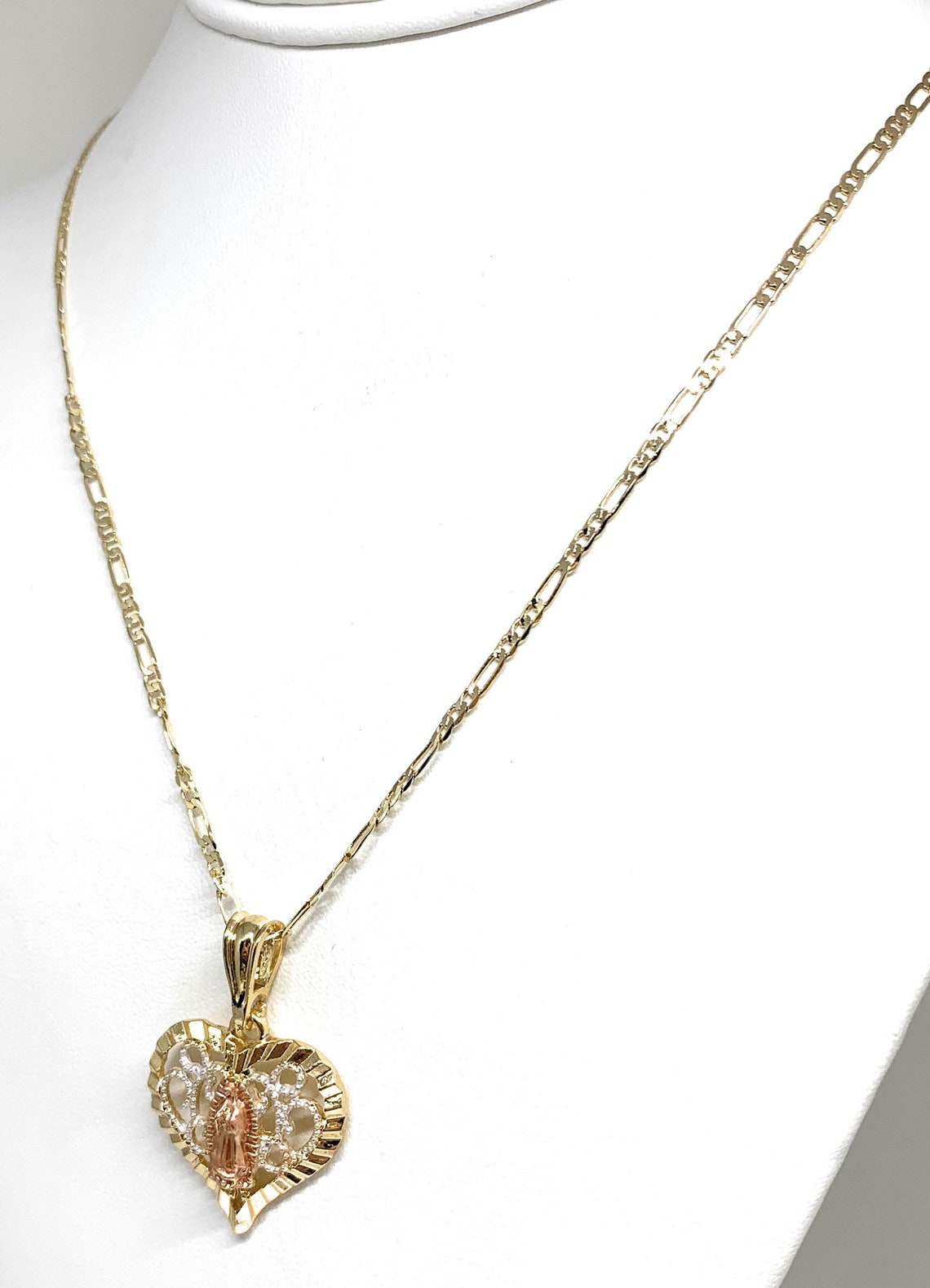 Gold Plated Tri-color Virgin Mary Filigran CZ Heart Pendant Necklace ...