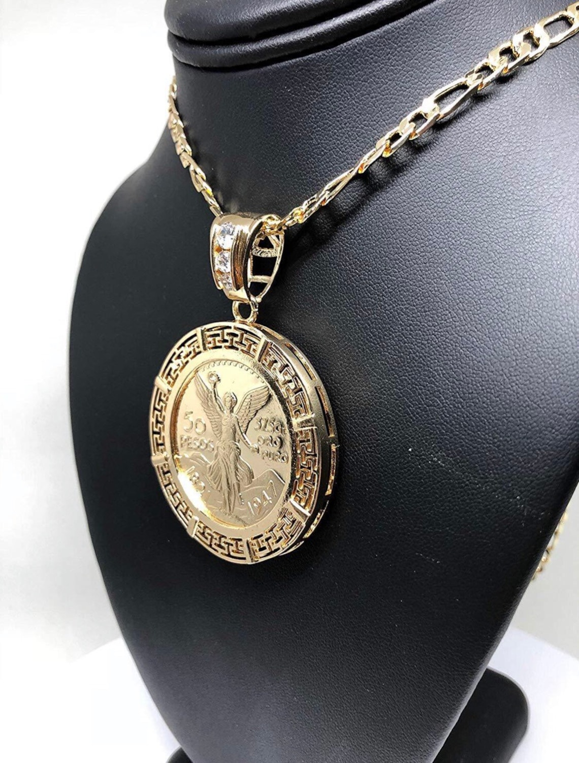 Gold Plated Coin Centenario Mexicano Moneda 50 Pesos Pendant Chain CZ ...