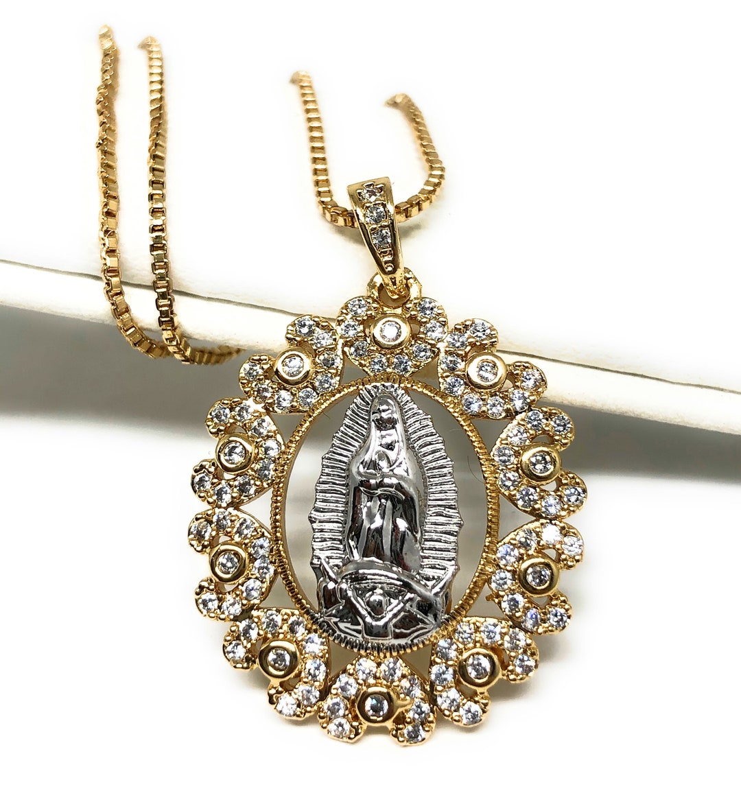 Gold Plated White Gold Virgin Mary Pendant Necklace CZ 20” Virgen De ...