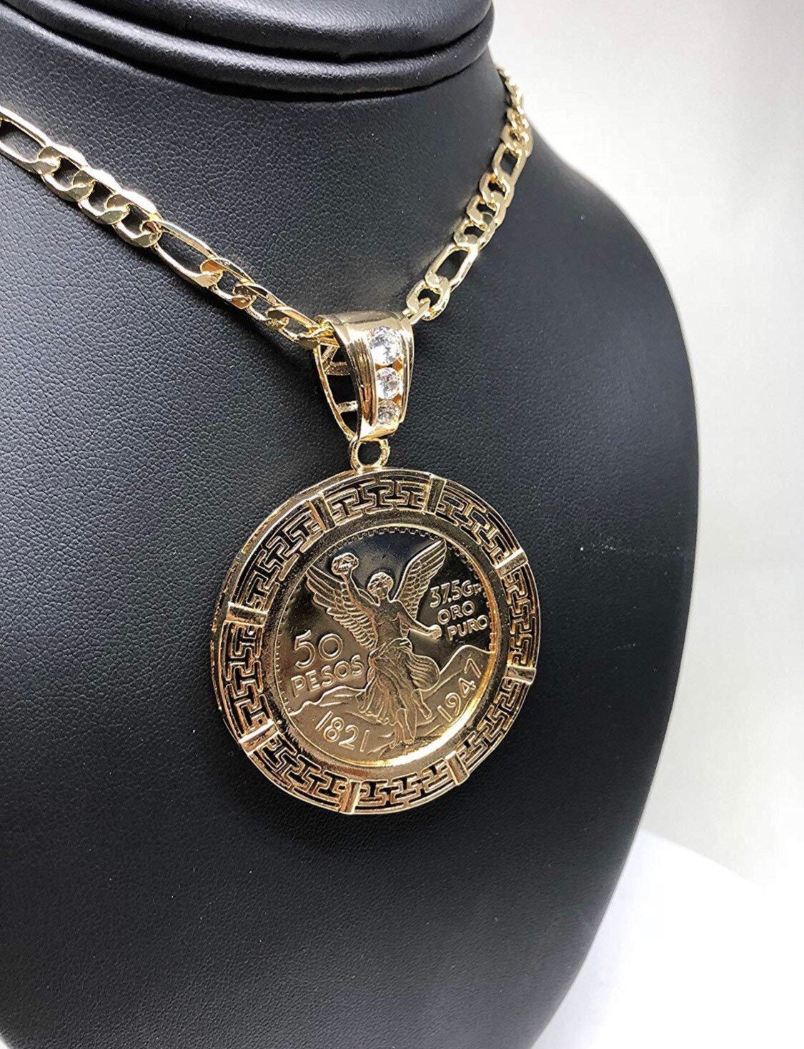 Gold Plated Coin Centenario Mexicano Moneda 50 Pesos Pendant Chain CZ ...