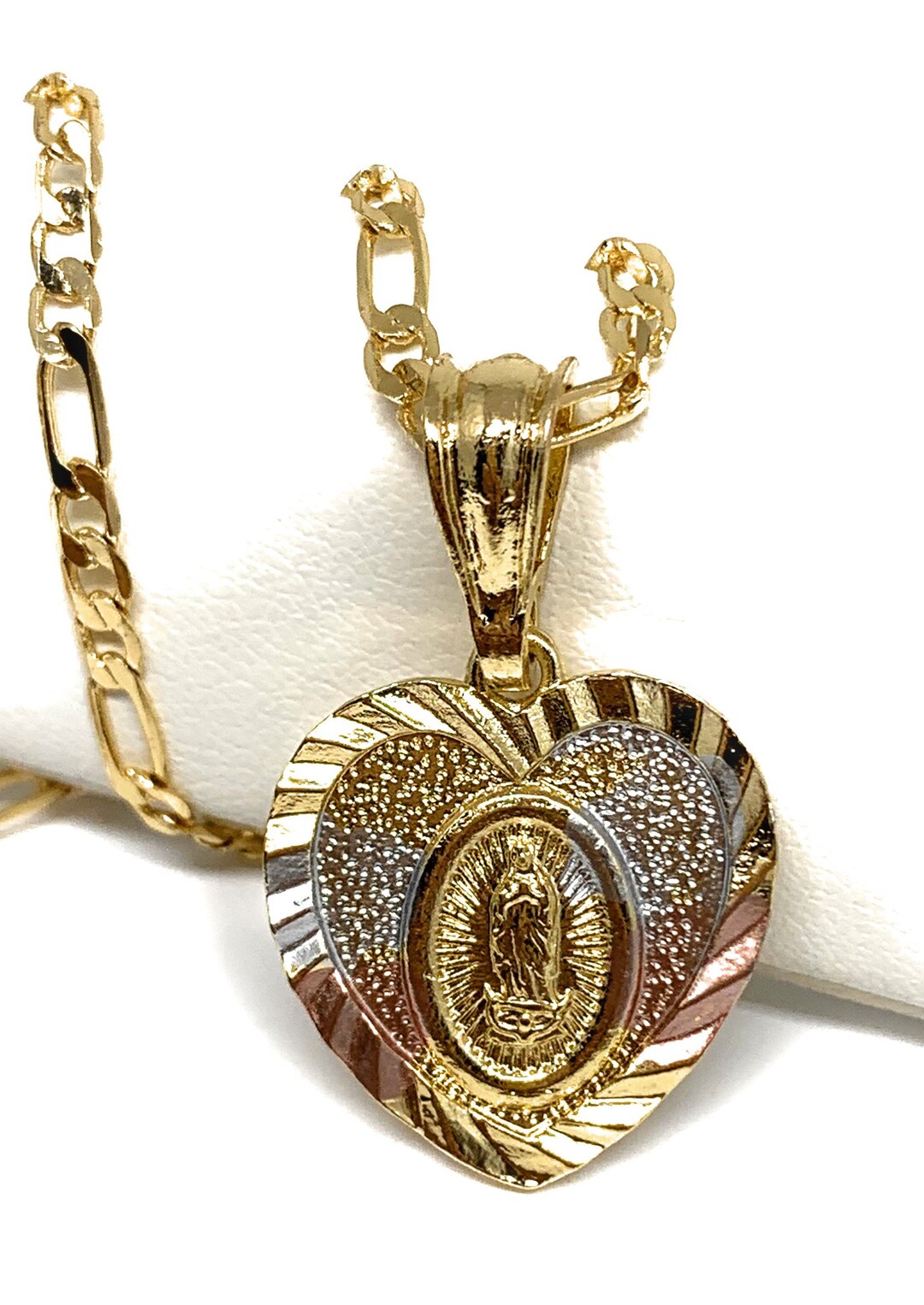 Gold Plated Virgin Mary Heart Pendant Necklace 24” Virgen Guadalupe ...