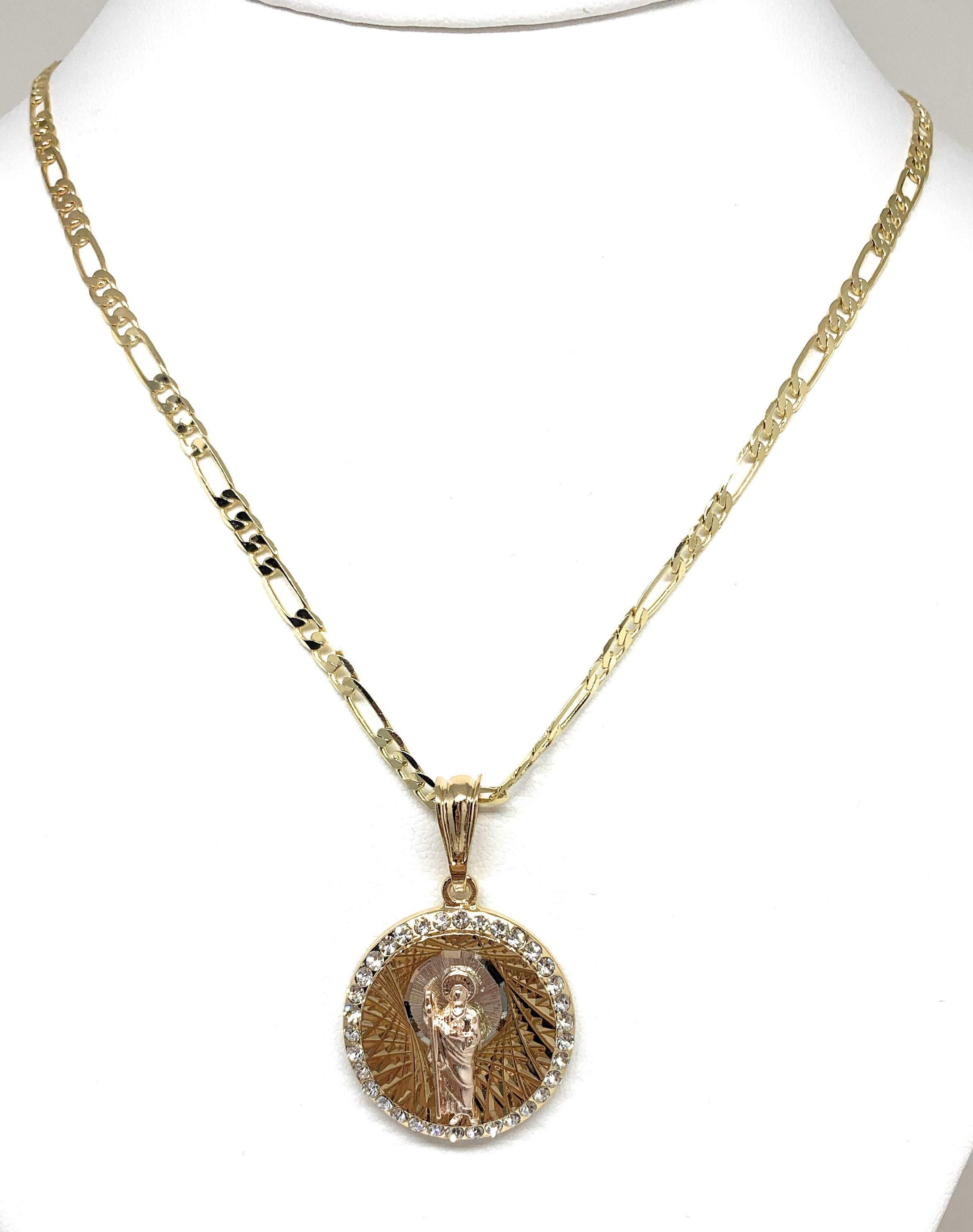 Gold Plated Saint Jude Pendant CZ Necklace Figaro 24" San Judas Tadeo ...