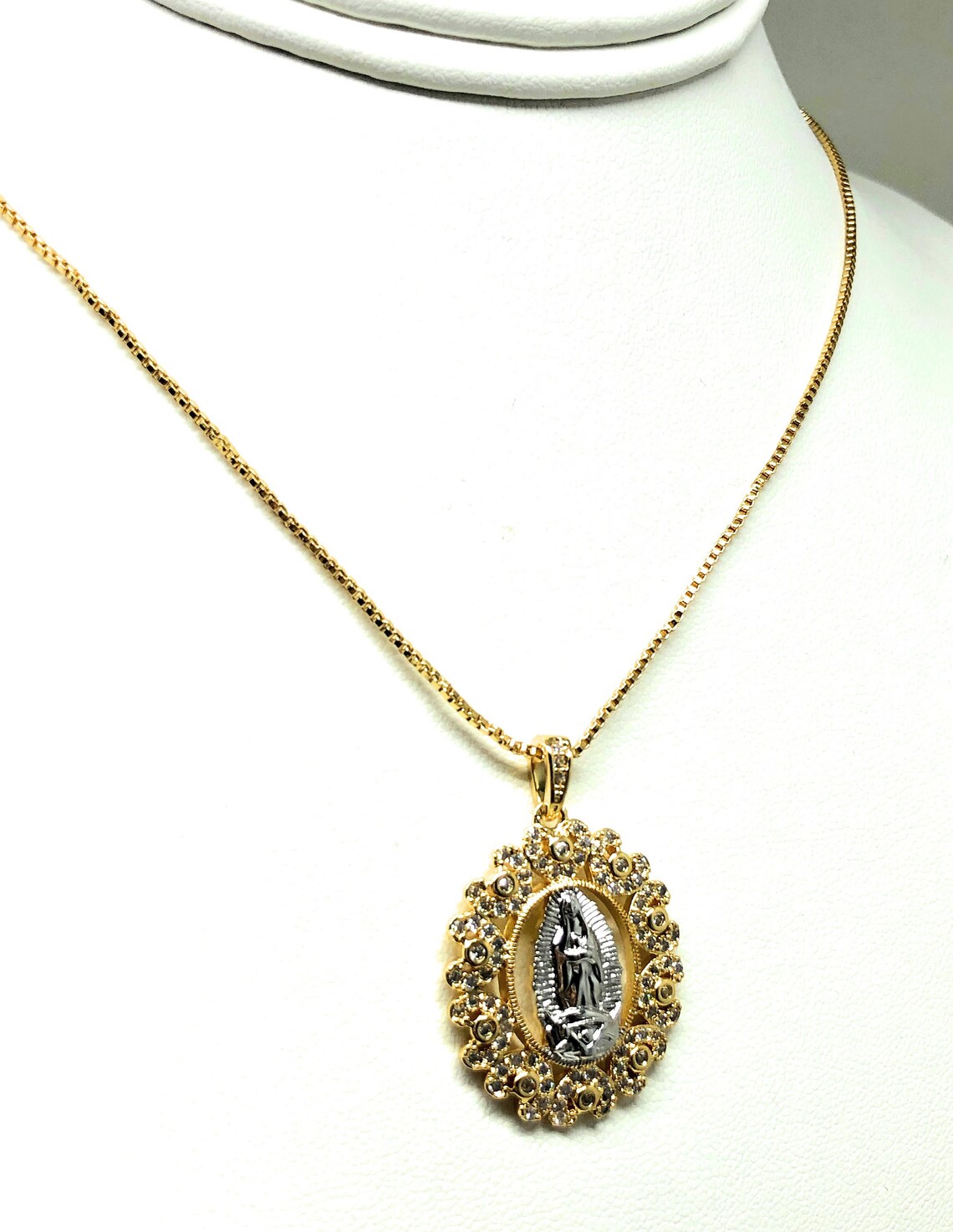 Gold Plated White Gold Virgin Mary Pendant Necklace CZ 20” Virgen De ...
