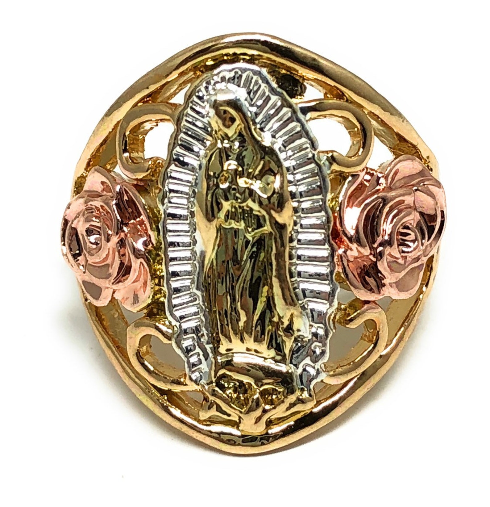 Gold Plated Tri-color Virgin Mary Flower Ring Virgen De - Etsy