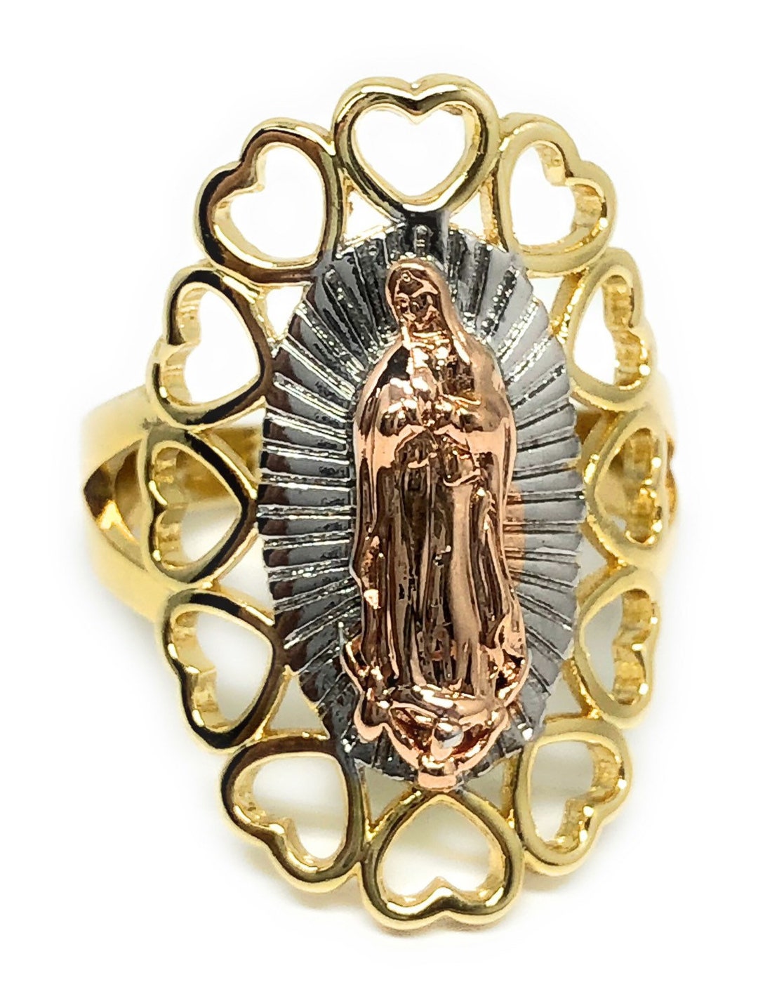 Tri-color Gold Plated Virgin Mary Heart Ring Virgen De Guadalupe ...