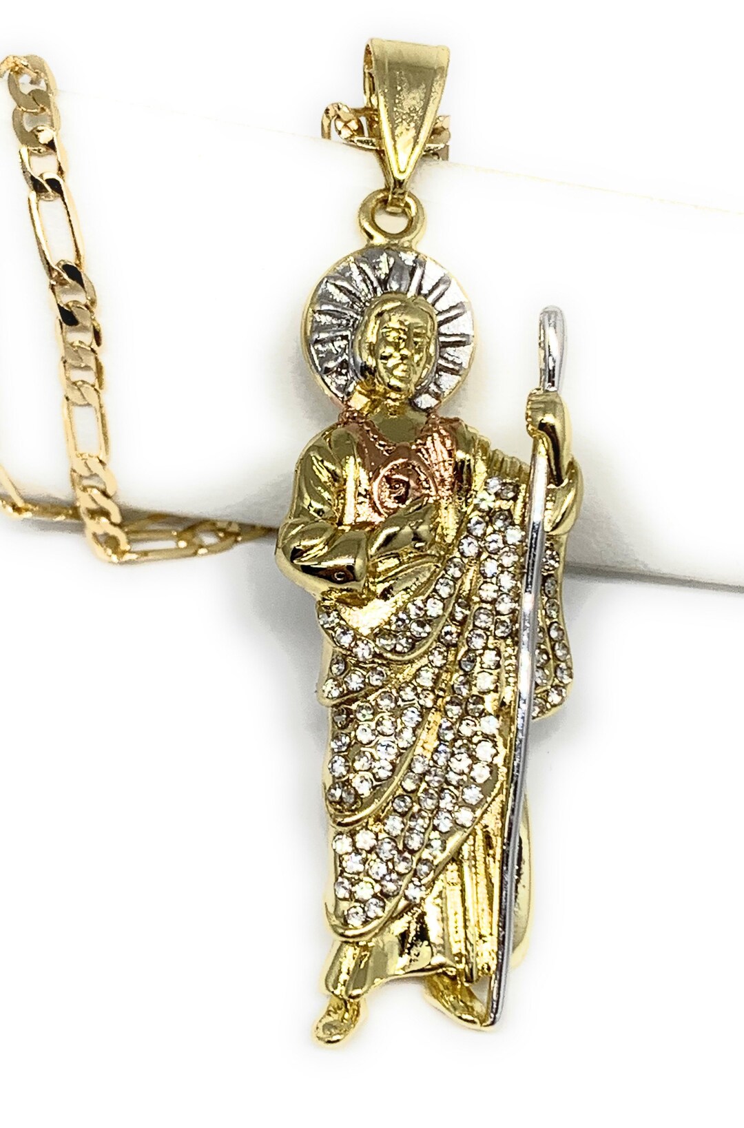 Gold Plated Saint Jude Pendant White CZ Necklace 24" Figaro San Judas ...