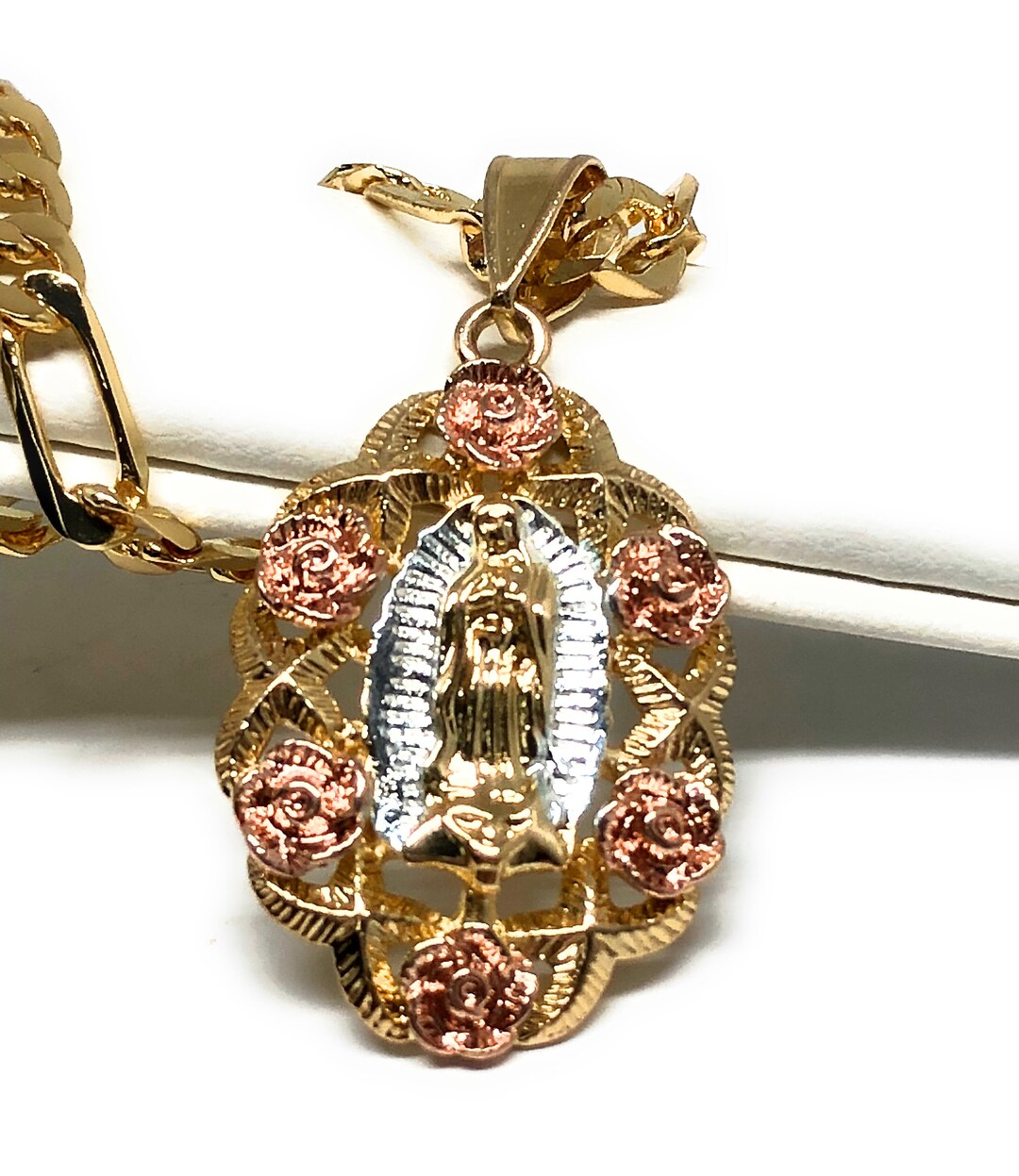 Gold Plated Virgin Mary Flower Pendant Necklace Virgen De Guadalupe ...