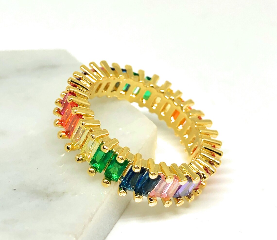 Gold Plated Multi-color Vibrant Rainbow Rhinestone Baguette - Etsy