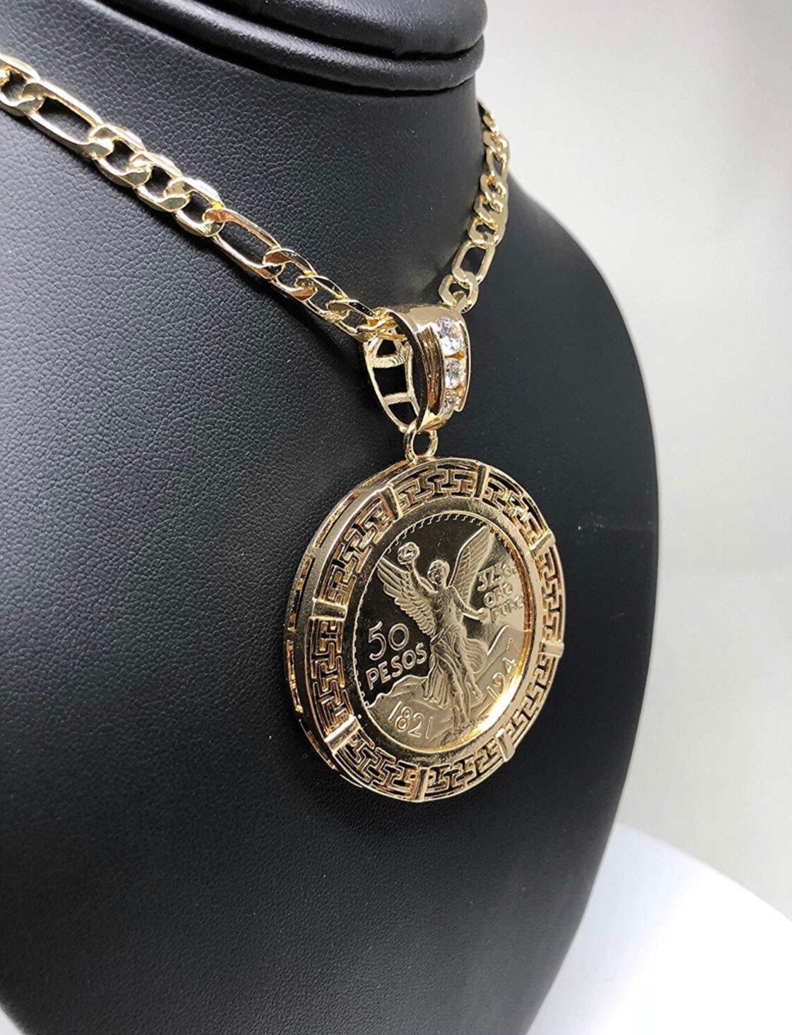 Gold Plated Coin Centenario Mexicano Moneda 50 Pesos Pendant Chain CZ ...
