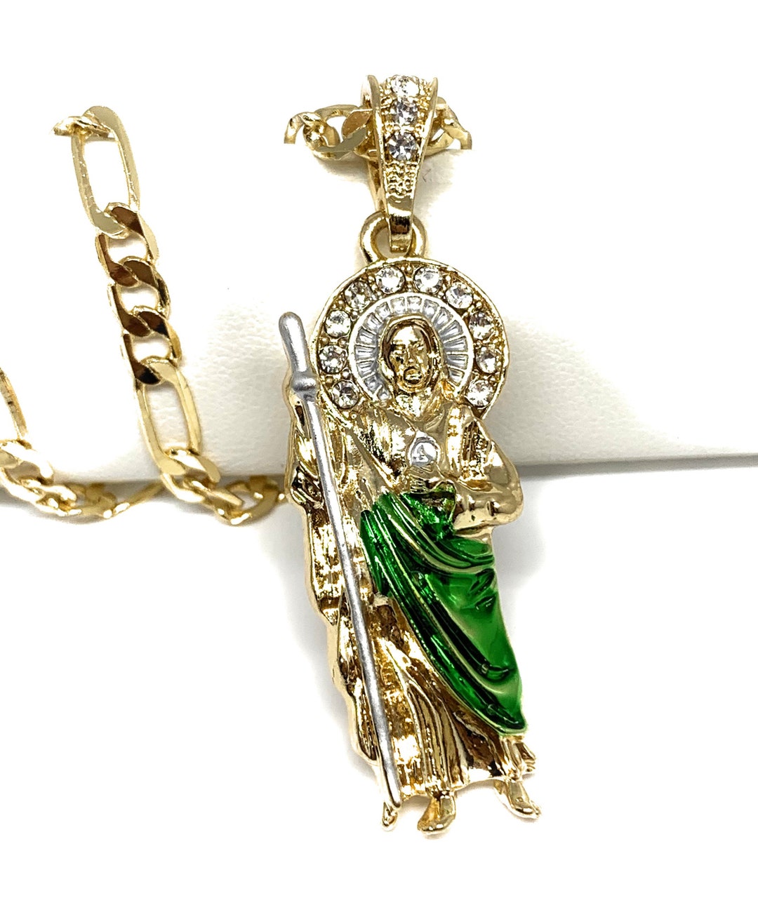 Gold Plated Saint Jude Pendant Green CZ Necklace 24" Figaro San Judas ...