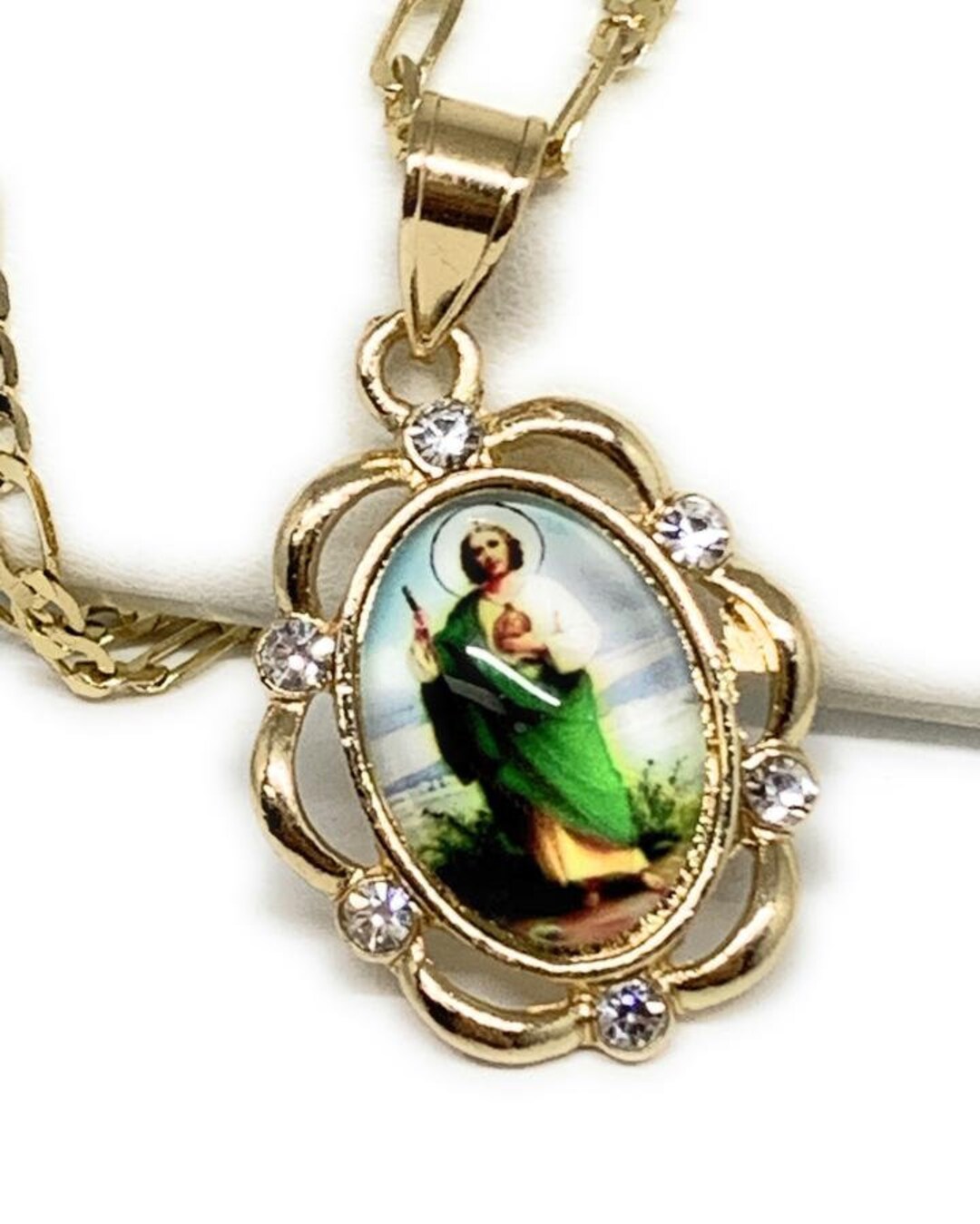 Gold Plated Saint Jude Pendant CZ Necklace Figaro 24" San Judas Tadeo ...