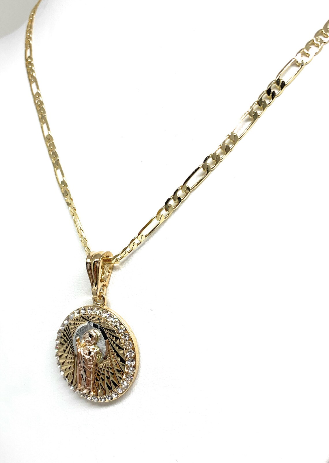 Gold Plated Saint Jude Pendant CZ Necklace Figaro 24" San Judas Tadeo ...