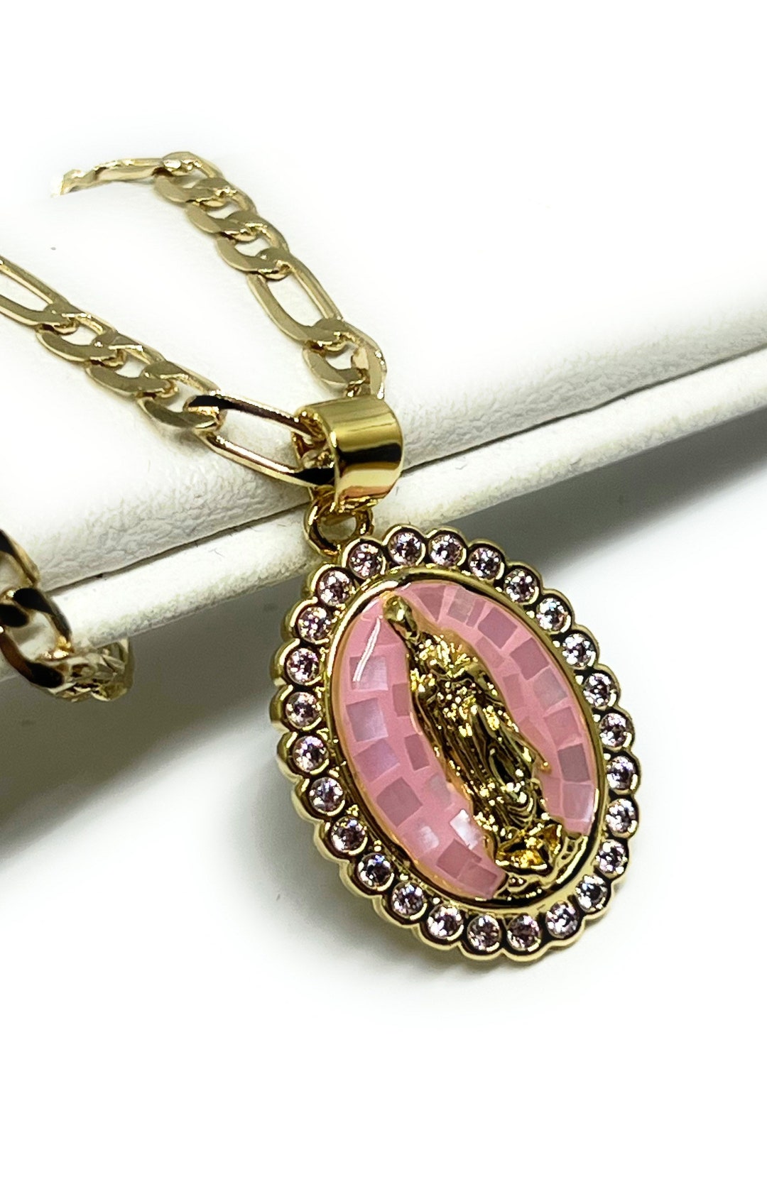 Gold Plated Virgin Mary Enamel Pink CZ Pendant Necklace Virgen ...