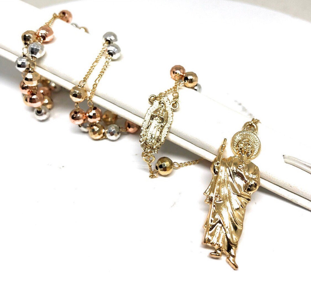 Gold Plated Tri-color Saint Jude Rosary Necklace San Judas Rosario ...